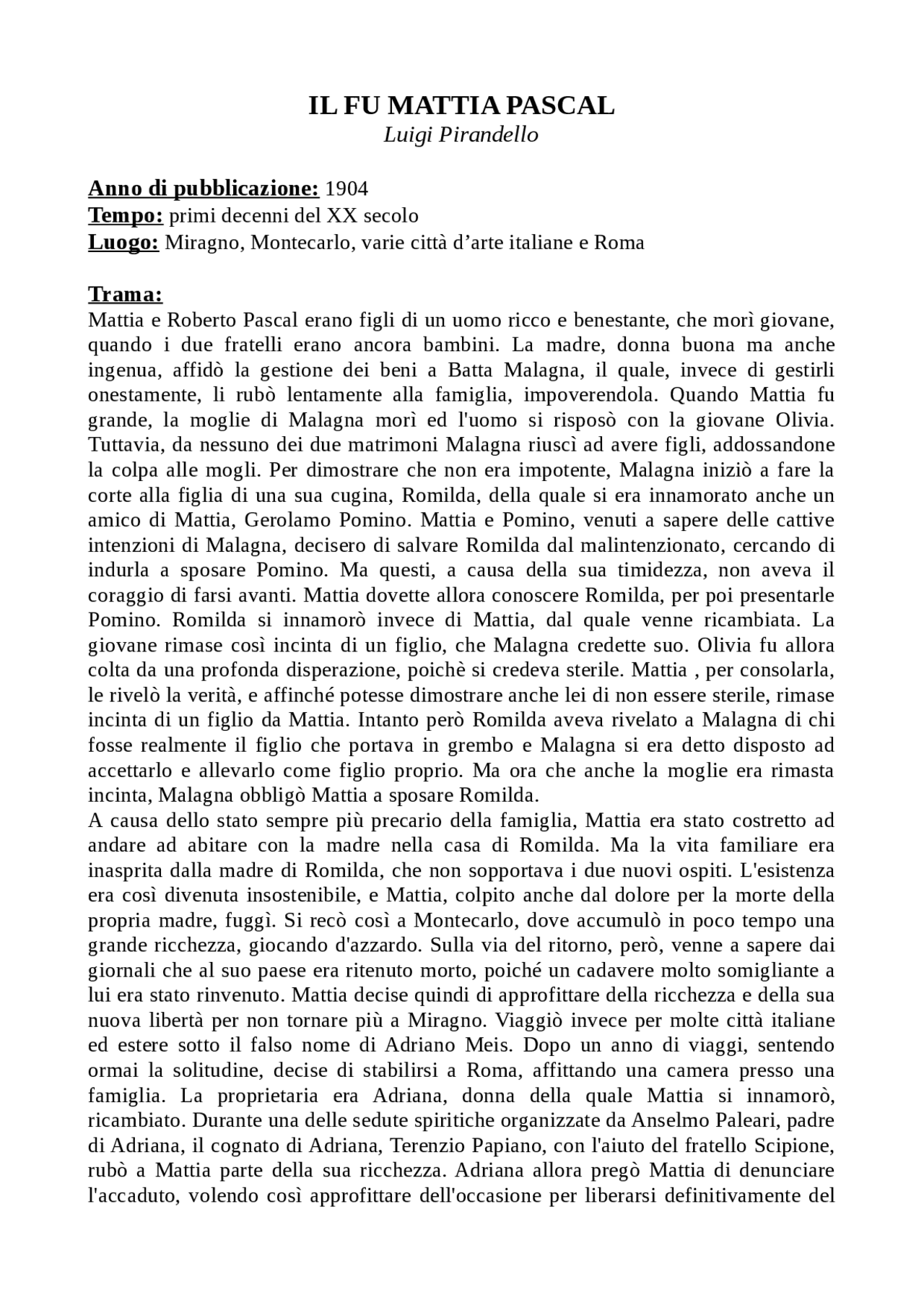 Il Fu Mattia Pascal Luigi Pirandello Docsity