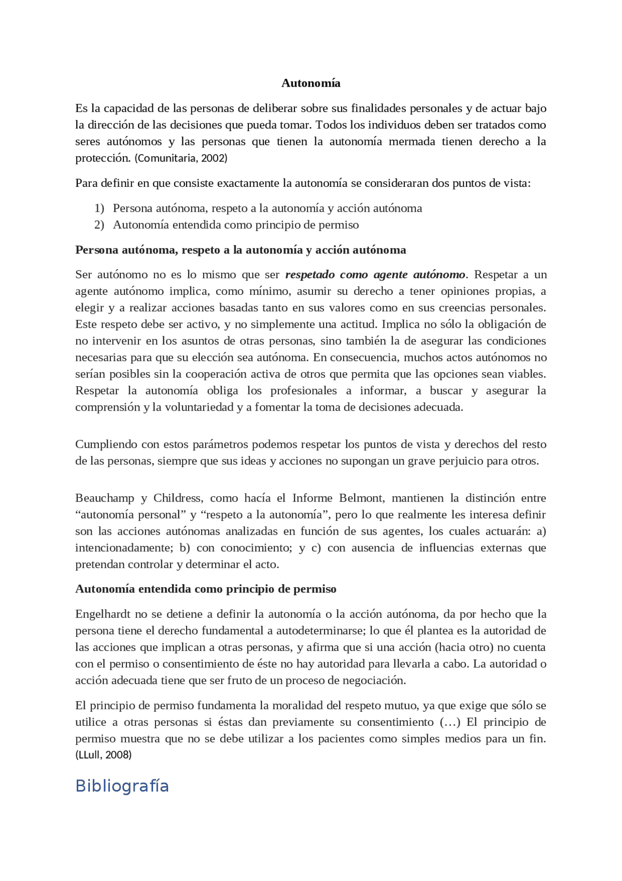 Autonomía bioética en la medicina - Docsity