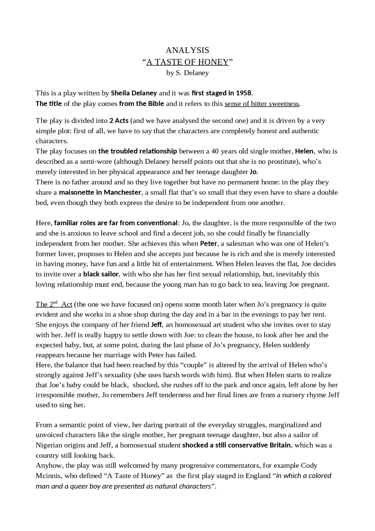 “A Taste of Honey” by Sheila Delaney | Appunti di Letteratura Inglese ...