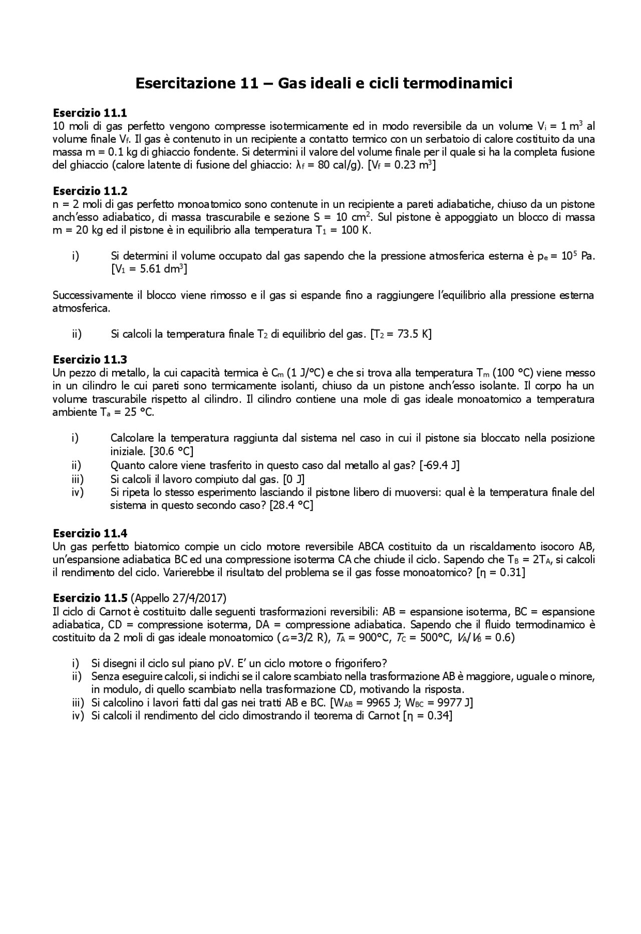 Esercitazione termodinamica fisica | Esercizi di Fisica | Docsity