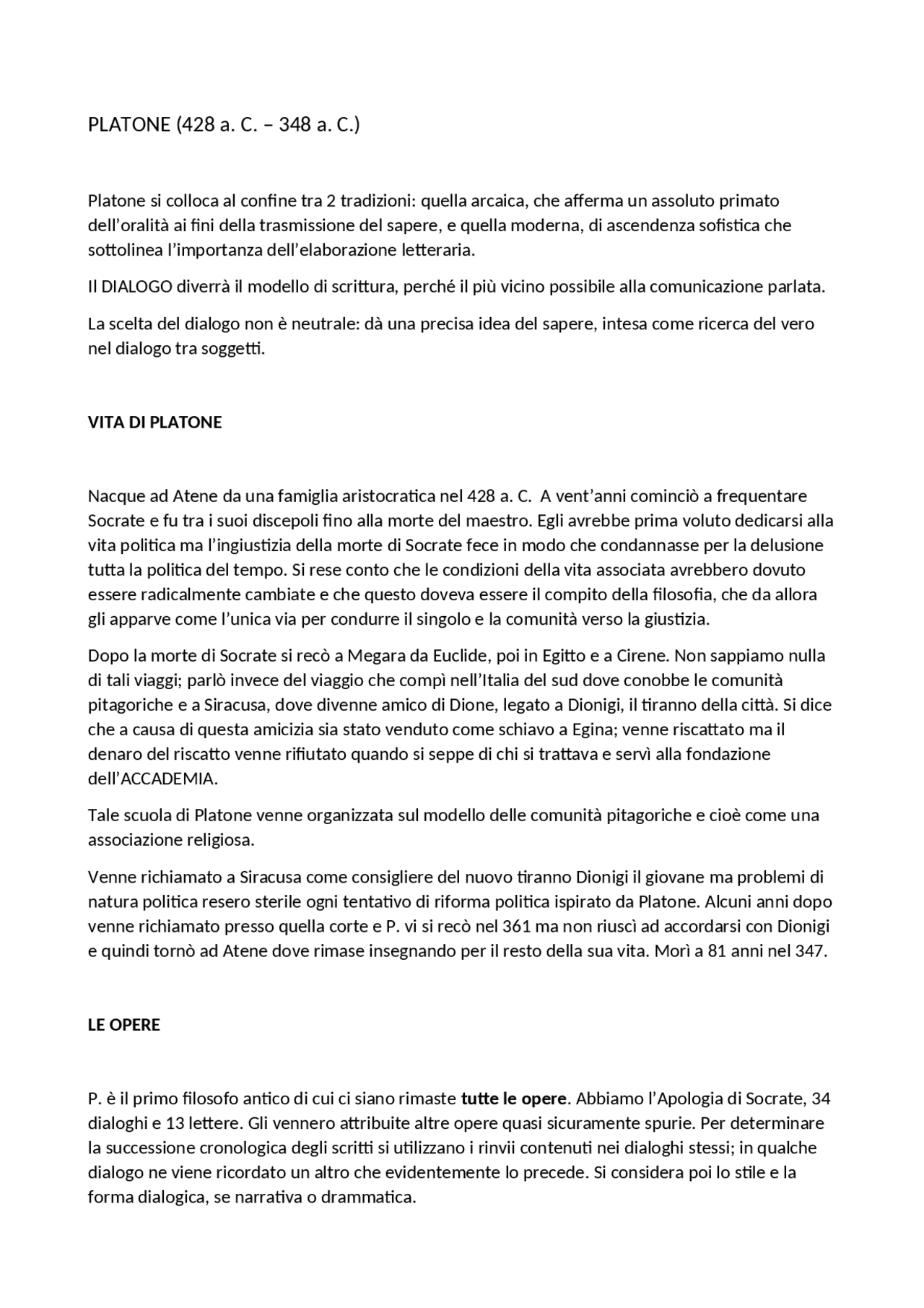 Il filosofo Platone e il suo pensiero - Docsity