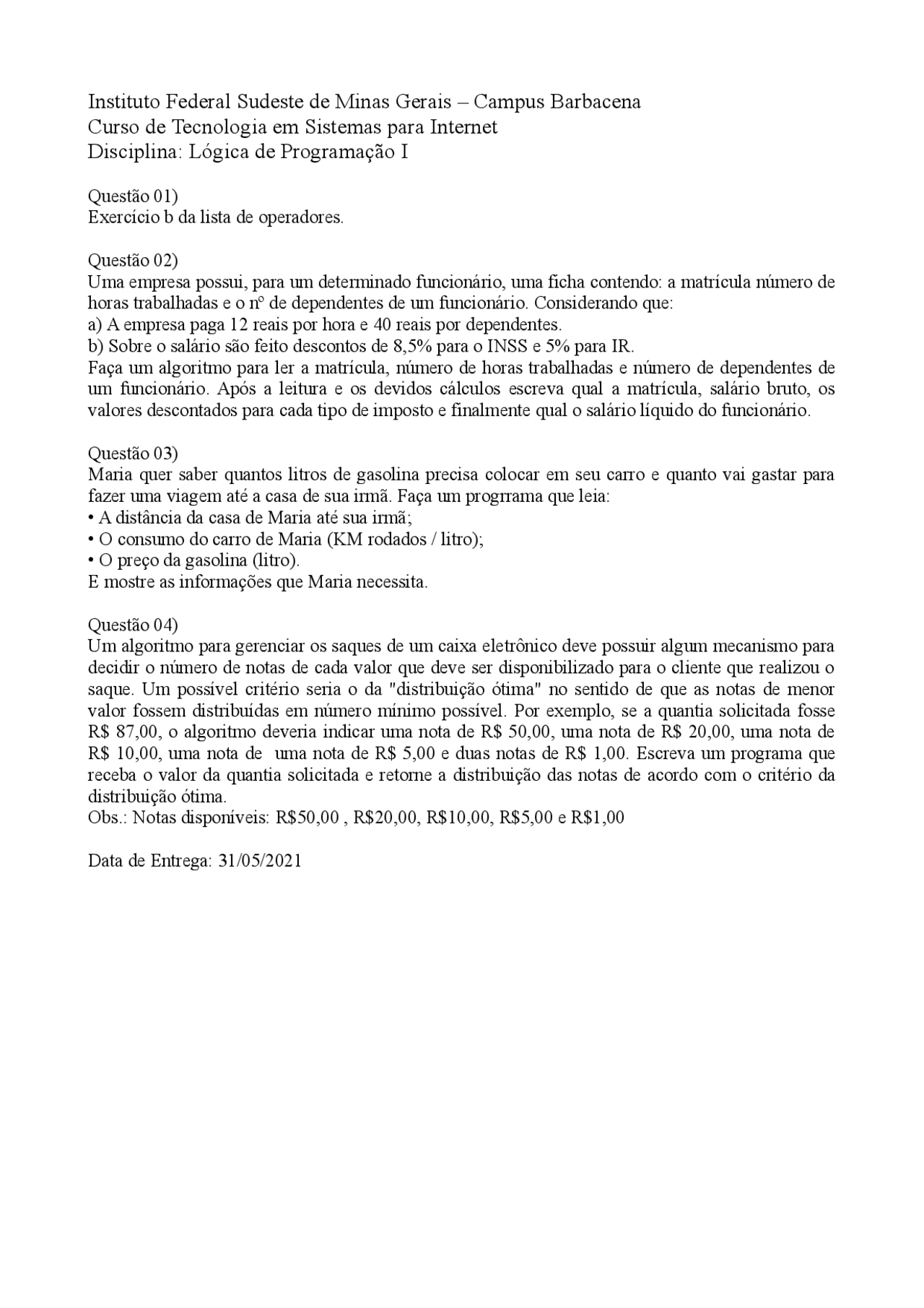 Exercicios De Linguagem C Exercícios Programação Em C Docsity
