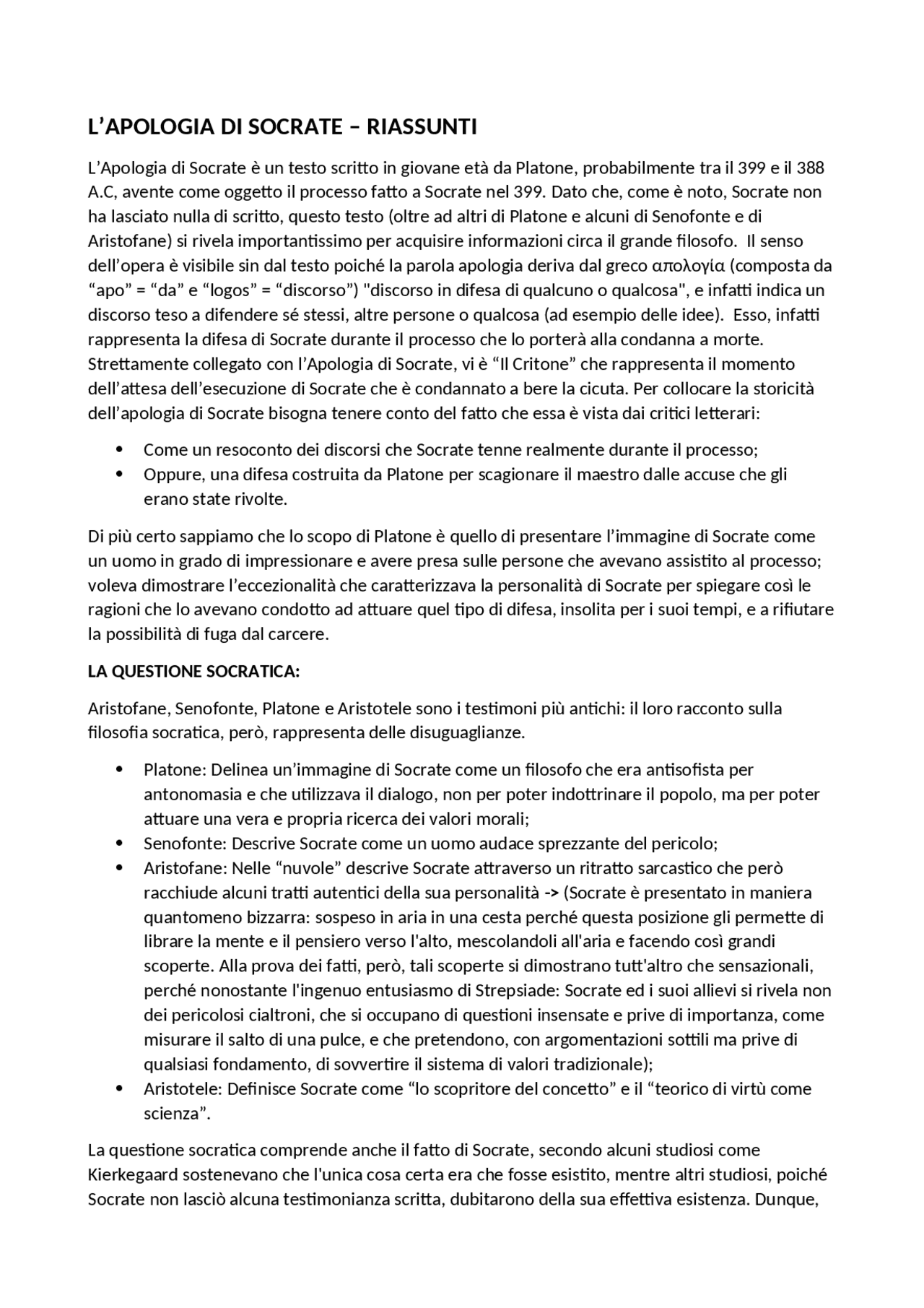 L'apologia di Socrate - Riassunto | Appunti di Pedagogia | Docsity