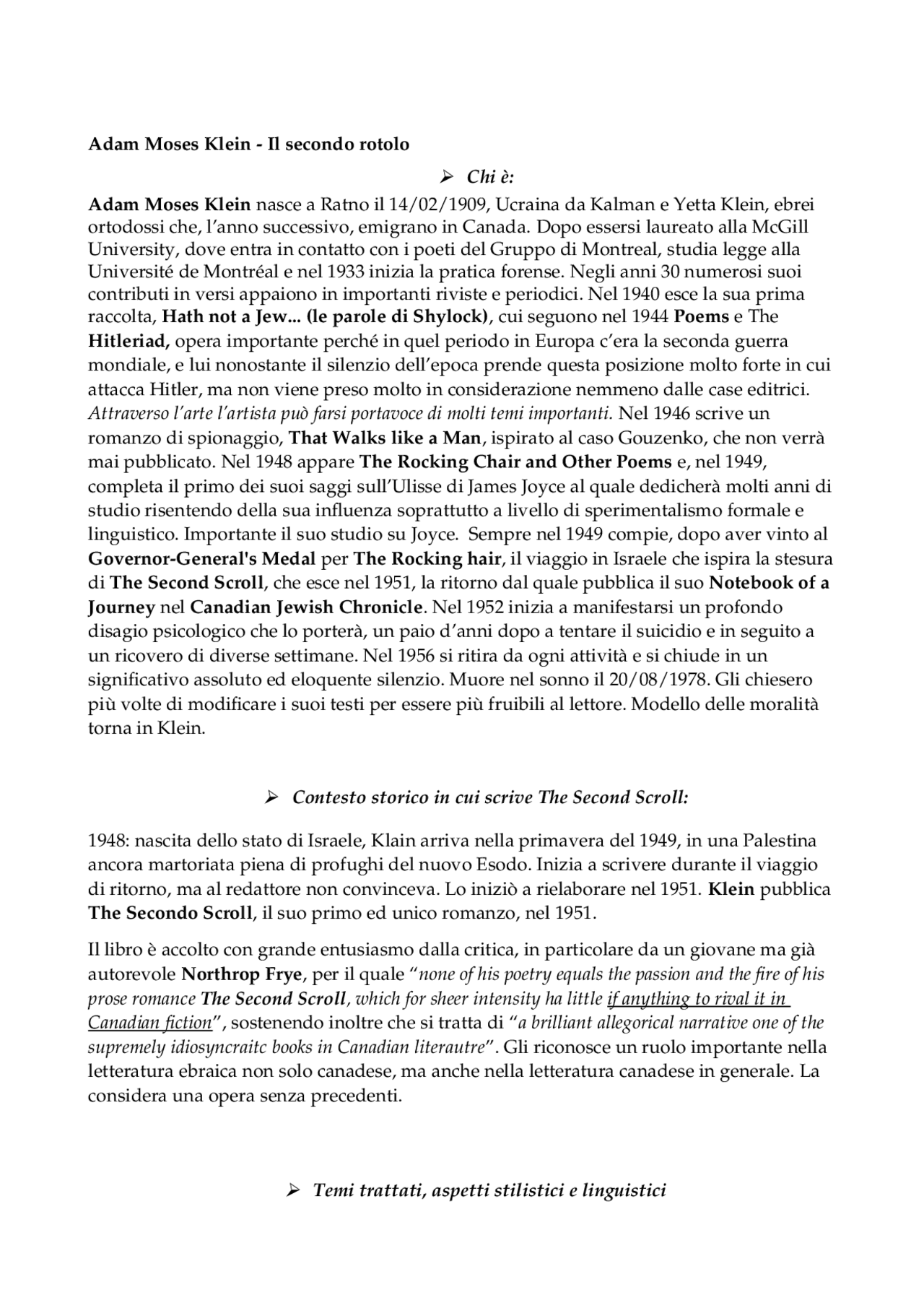 Riassunto E Analisi Di The Second Scroll Di Am Klein Docsity