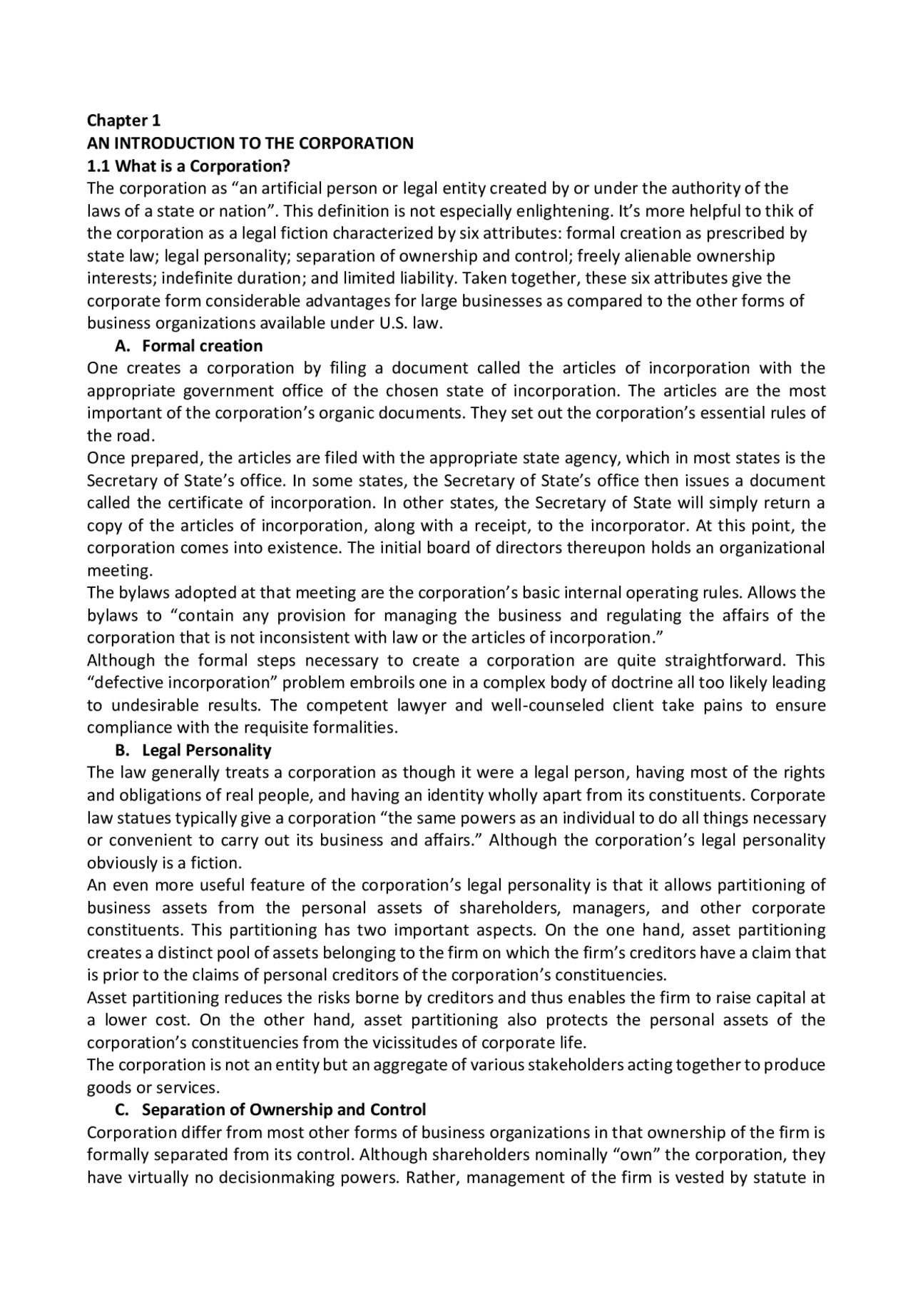 Riassunto libro "Corporate Law" di Stephen Bainbridge - Docsity