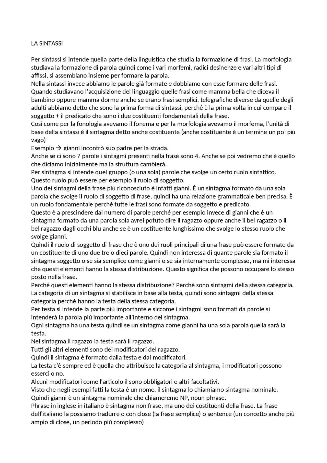 LA SINTASSI, linguistica generale - Docsity