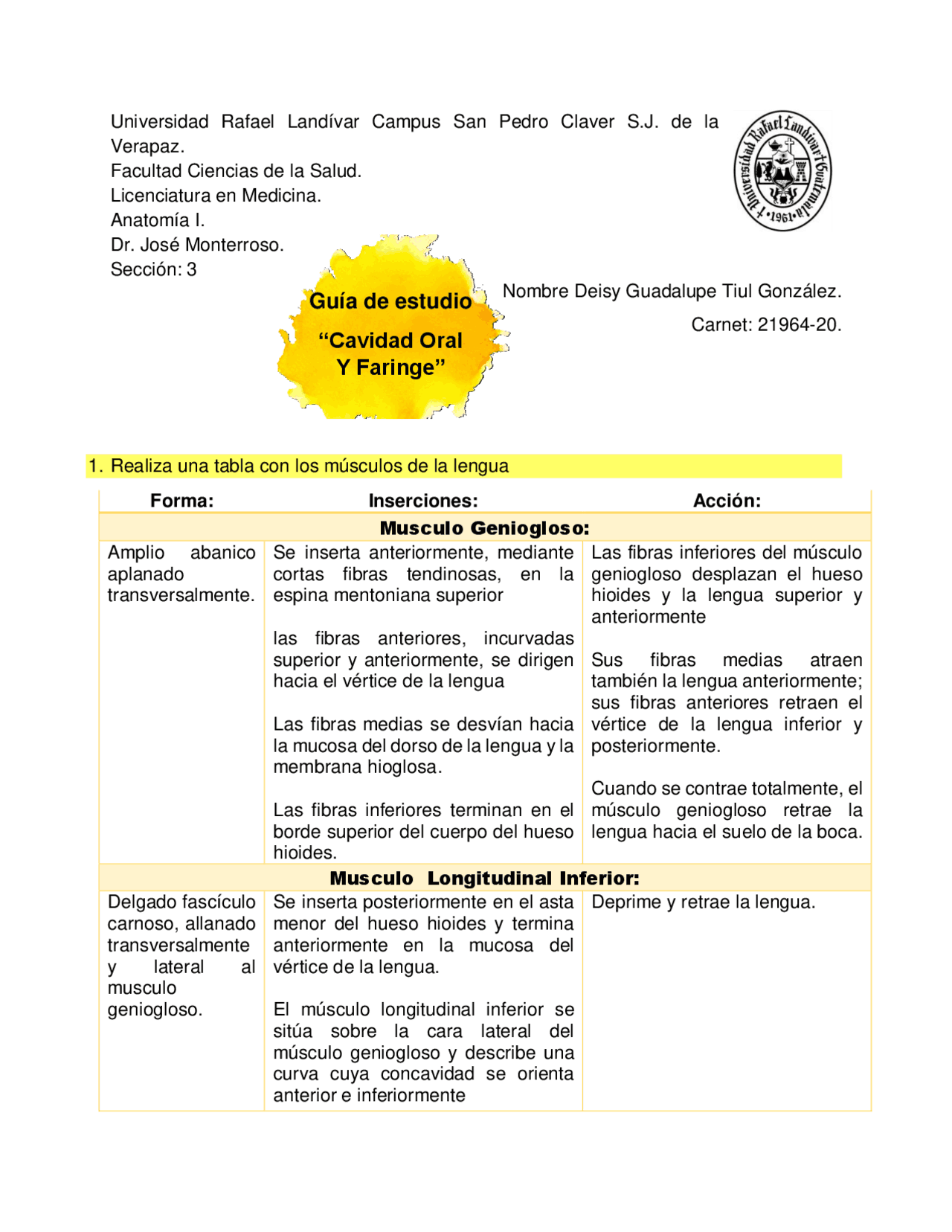Cavidad Oral Y Faringe Ejercicios De Anatomía Docsity