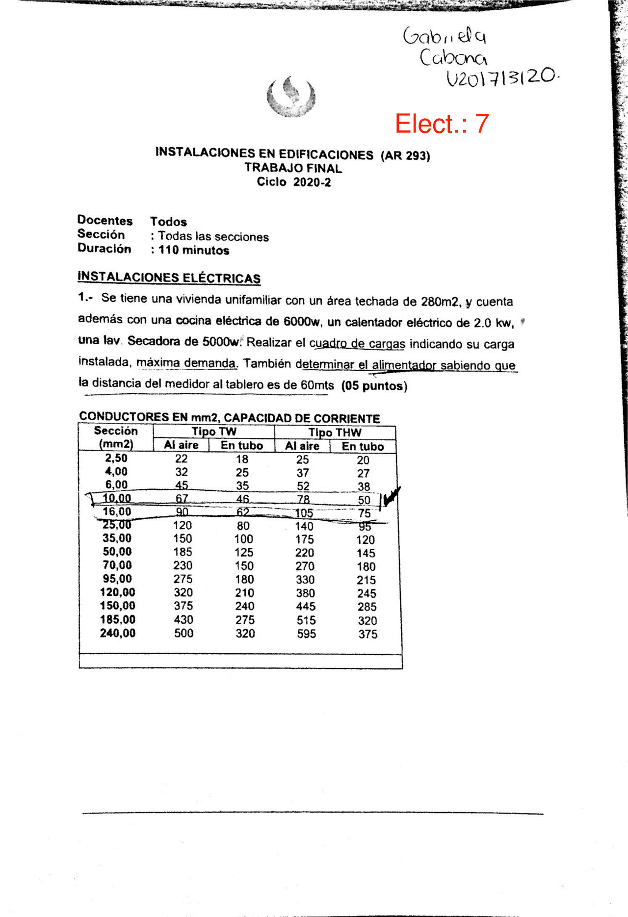 Examen Final Instalaciones en Edificaciones 2020-02 | Exámenes de Instalaciones Eléctricas - Docsity