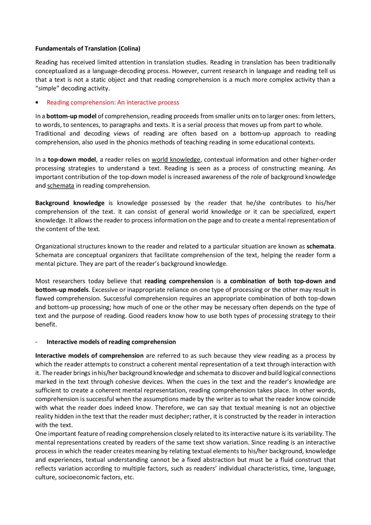 Riassunto articolo "Fundamentals of Translation" (Sonia Colina) - Docsity