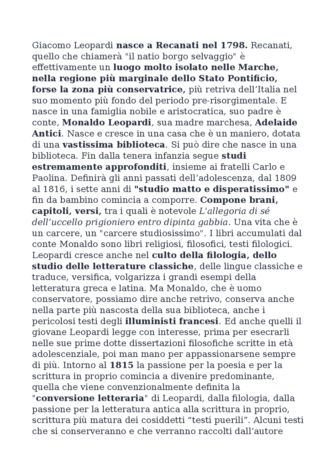 VITA ED OPERE DI GIACOMO LEOPARDI - Docsity