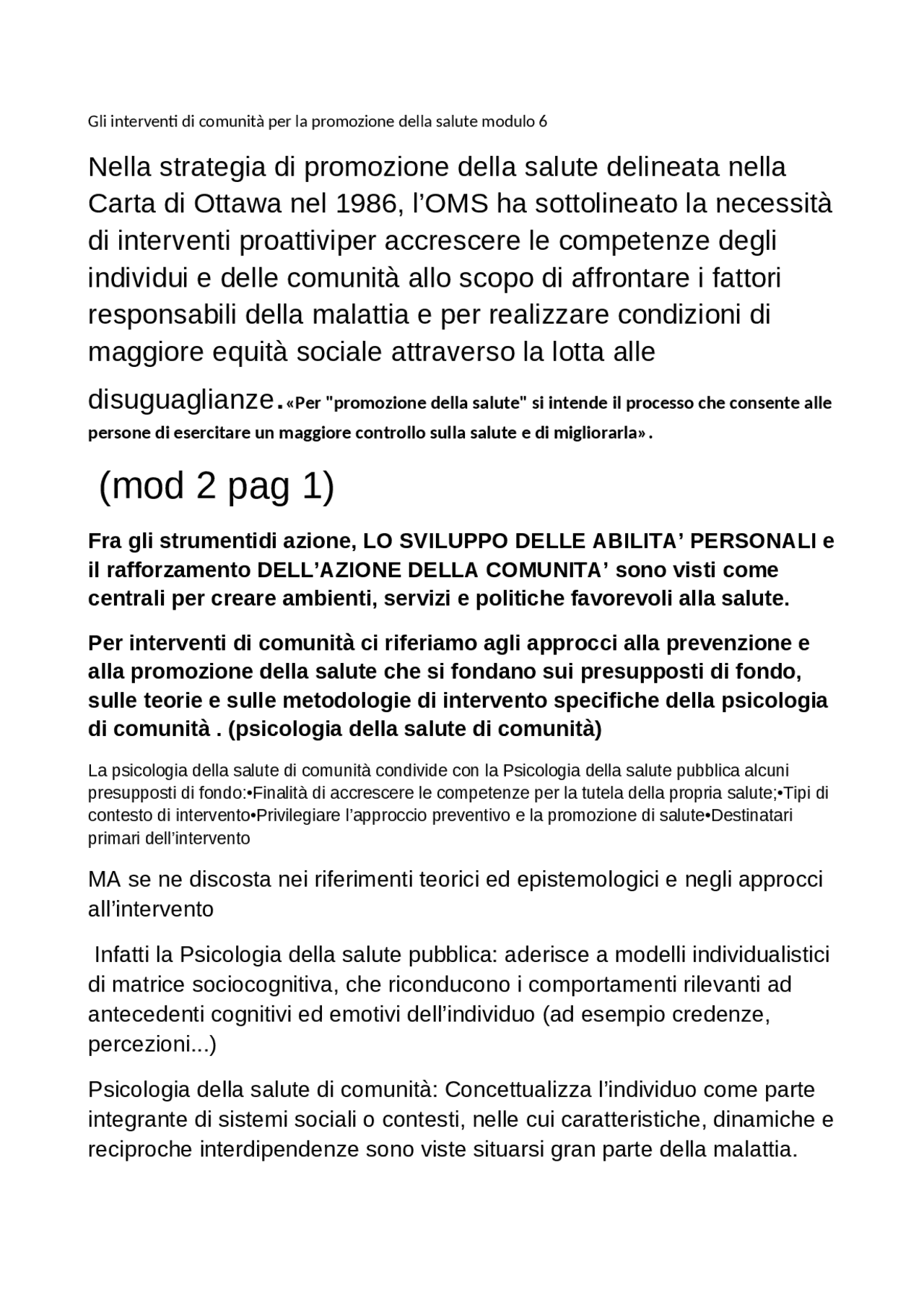 Gli interventi di comunità x la promozione della salute - Docsity