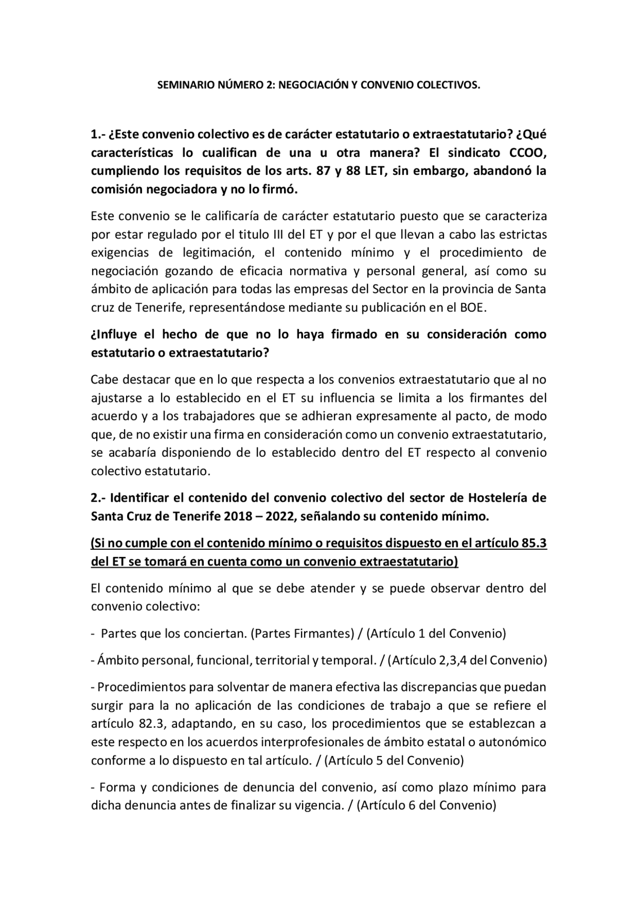 Seminario número 2 (Derecho Laboral / Negociación y Convenios Colectivos) | Ejercicios de ...