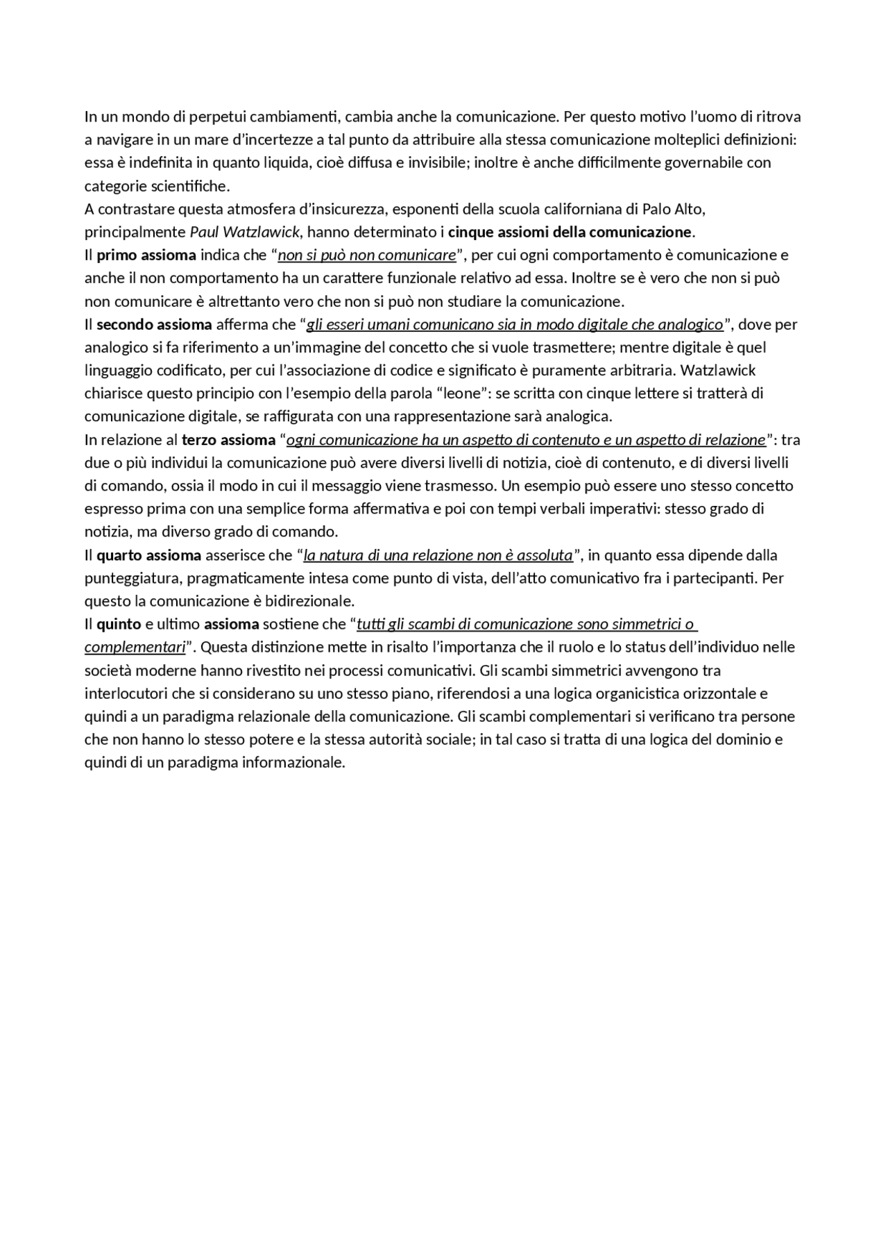 I Cinque Assiomi Della Comunicazione Docsity