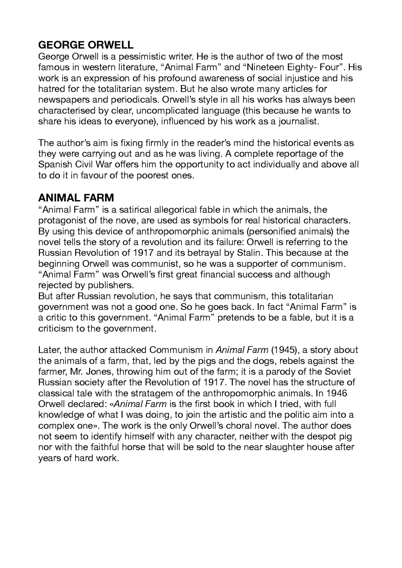 GEORGE ORWELL- "ANIMAL FARM" E "NINETEEN EIGHTY- FOUR" - Docsity