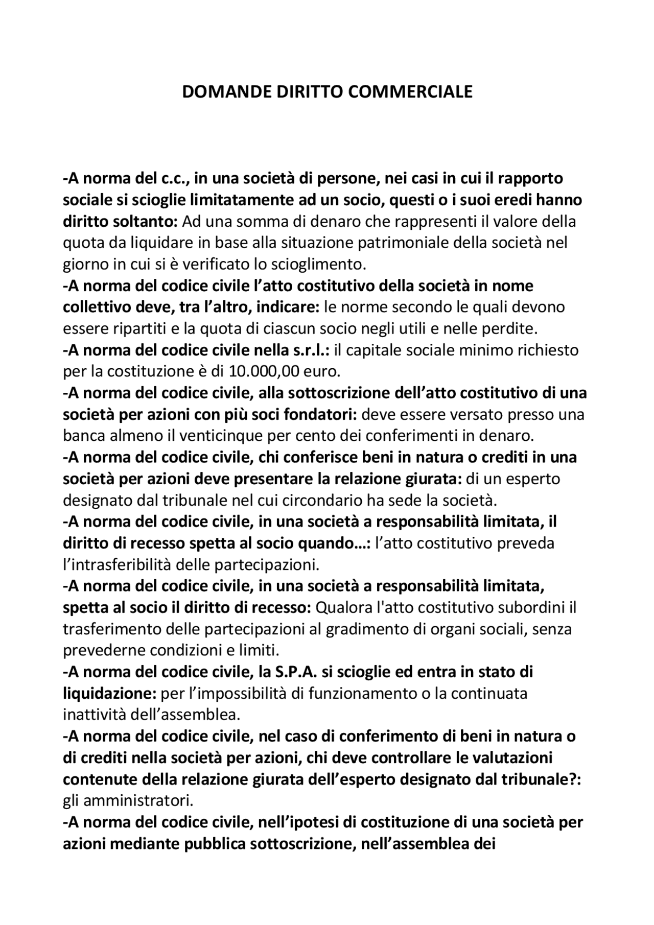 Domande diritto commerciale pegaso - Docsity
