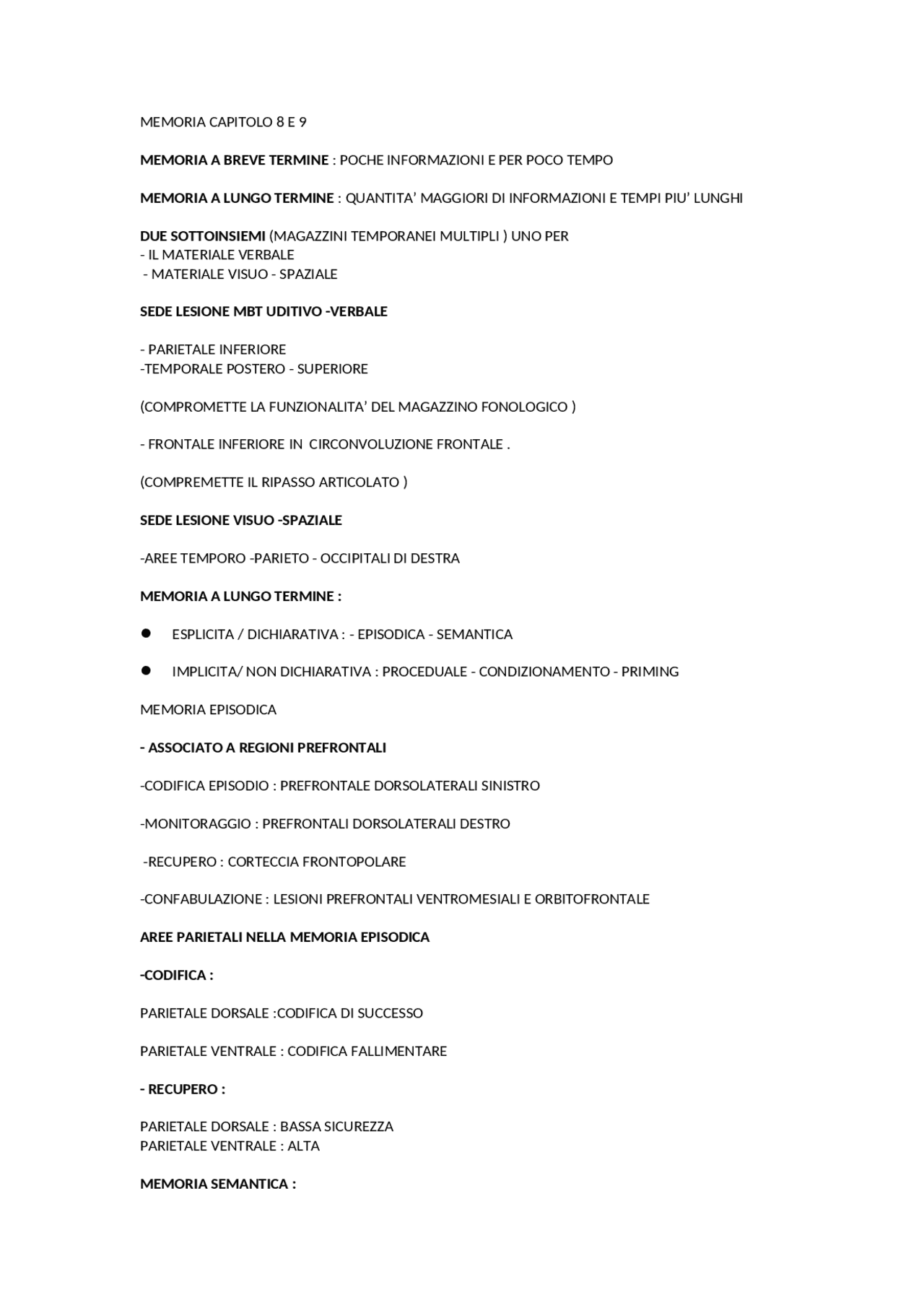 Memoria Riassunto Purves Docsity