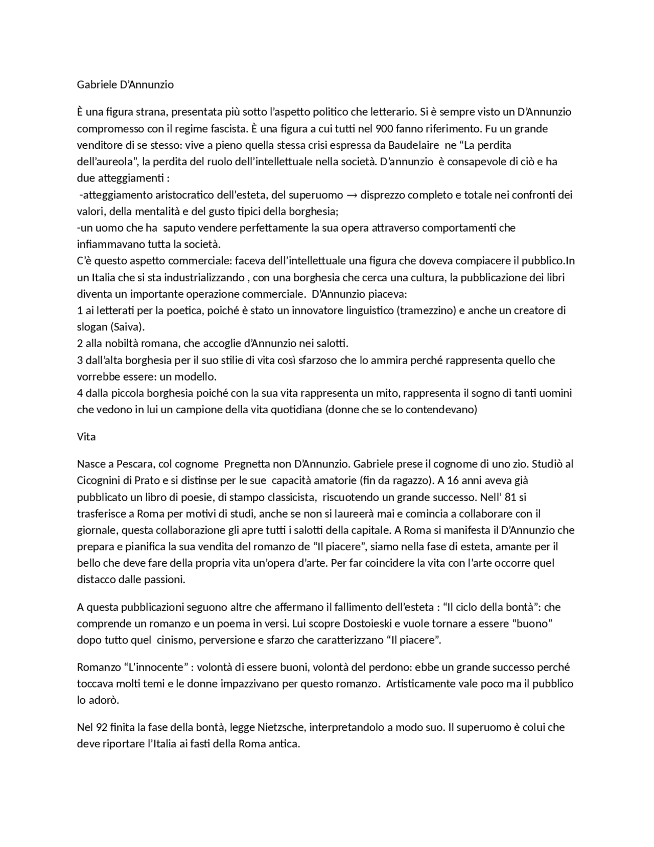 Riassunto Gabriele Dannunzio Docsity