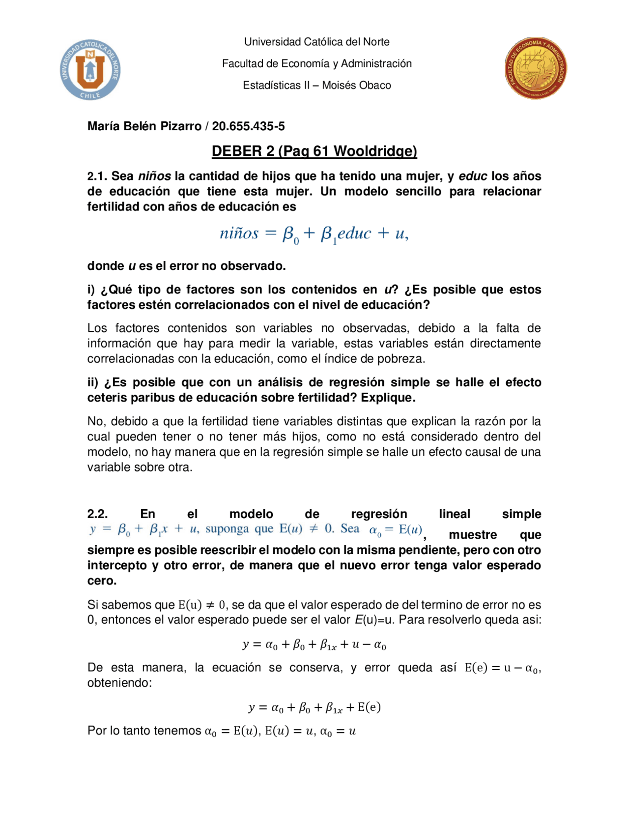 Deber 4 Econometria (Stata) Estadisticas II o Econometria | Ejercicios de Econometría | Docsity