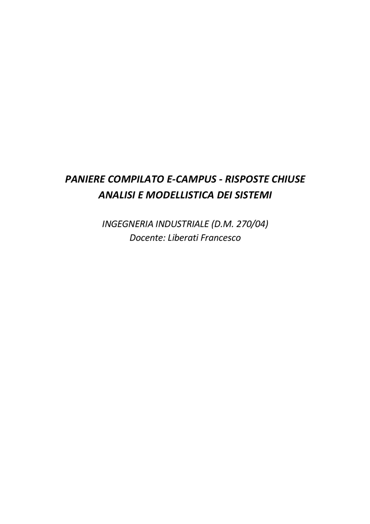 Paniere Analisi E Modellistica Dei Sistemi Ecampus Prof Liberati