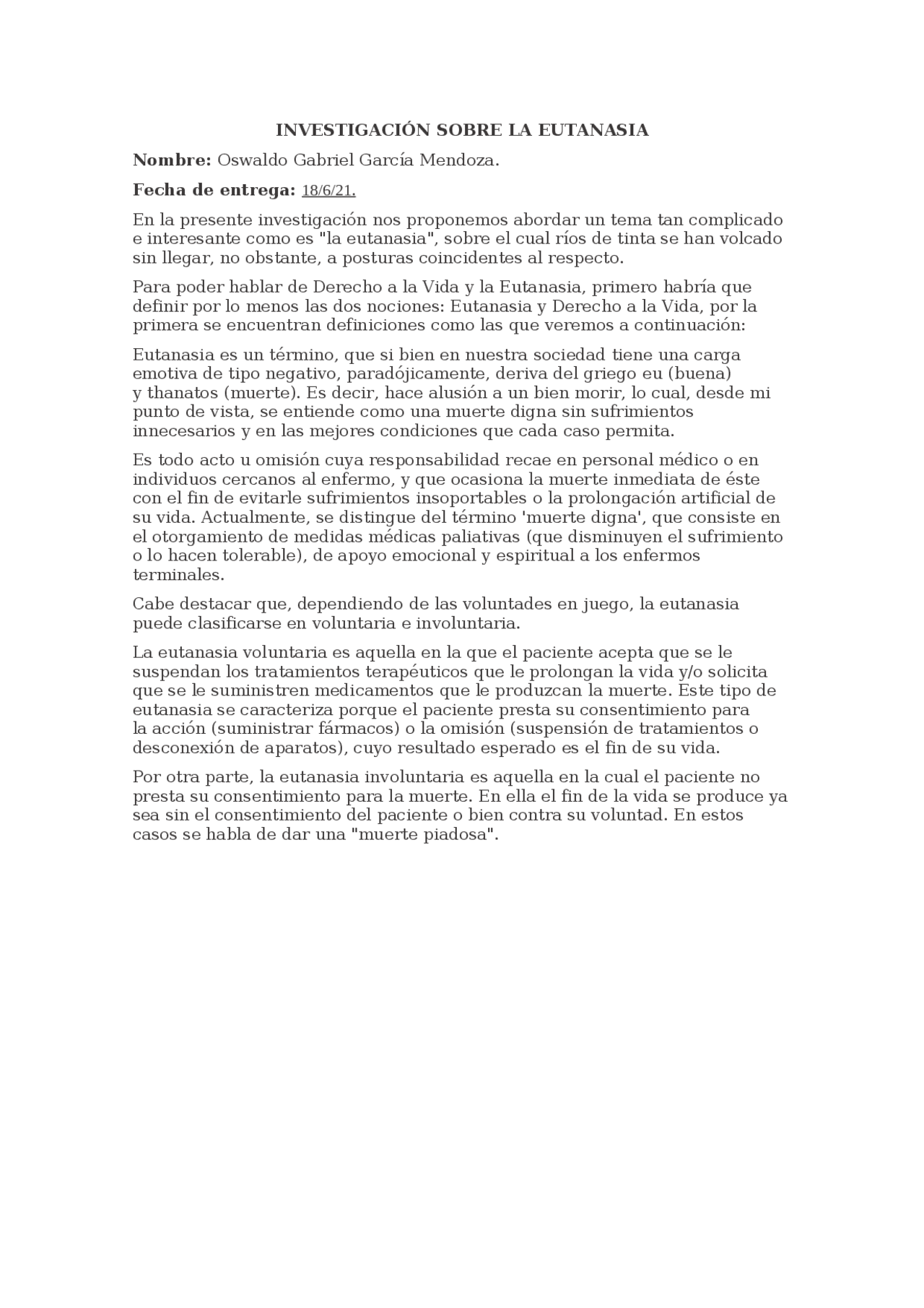 Eutanasia Y Su Uso En La Vida Docsity