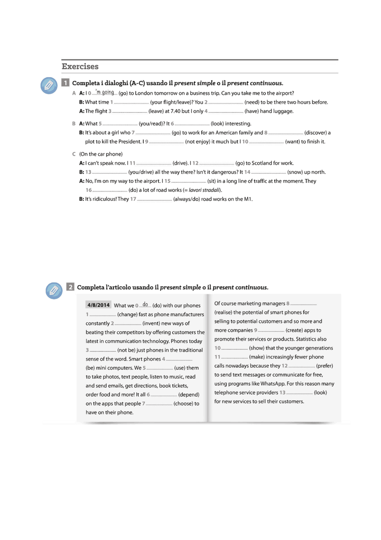 Present Simple and Present Continuous | Esercizi di Lingua Inglese | Docsity