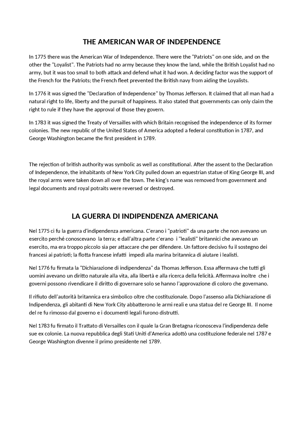 Riassunto The American War of Independence - Docsity