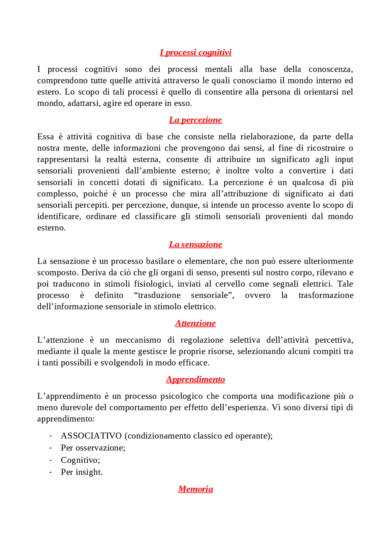 I Processi Cognitivi Docsity