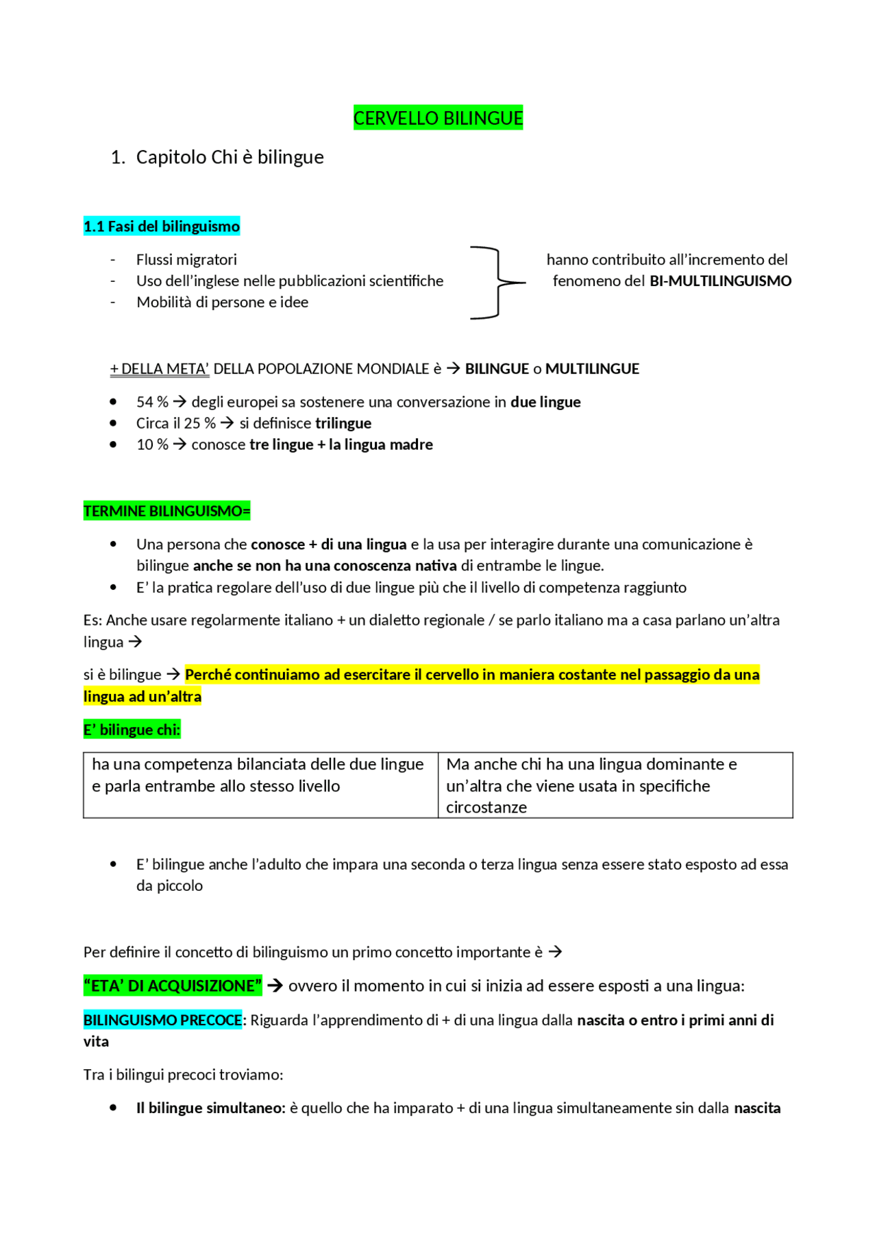 Il Cervello Bilingue Sintesi Del Corso Di Linguistica Generale Docsity