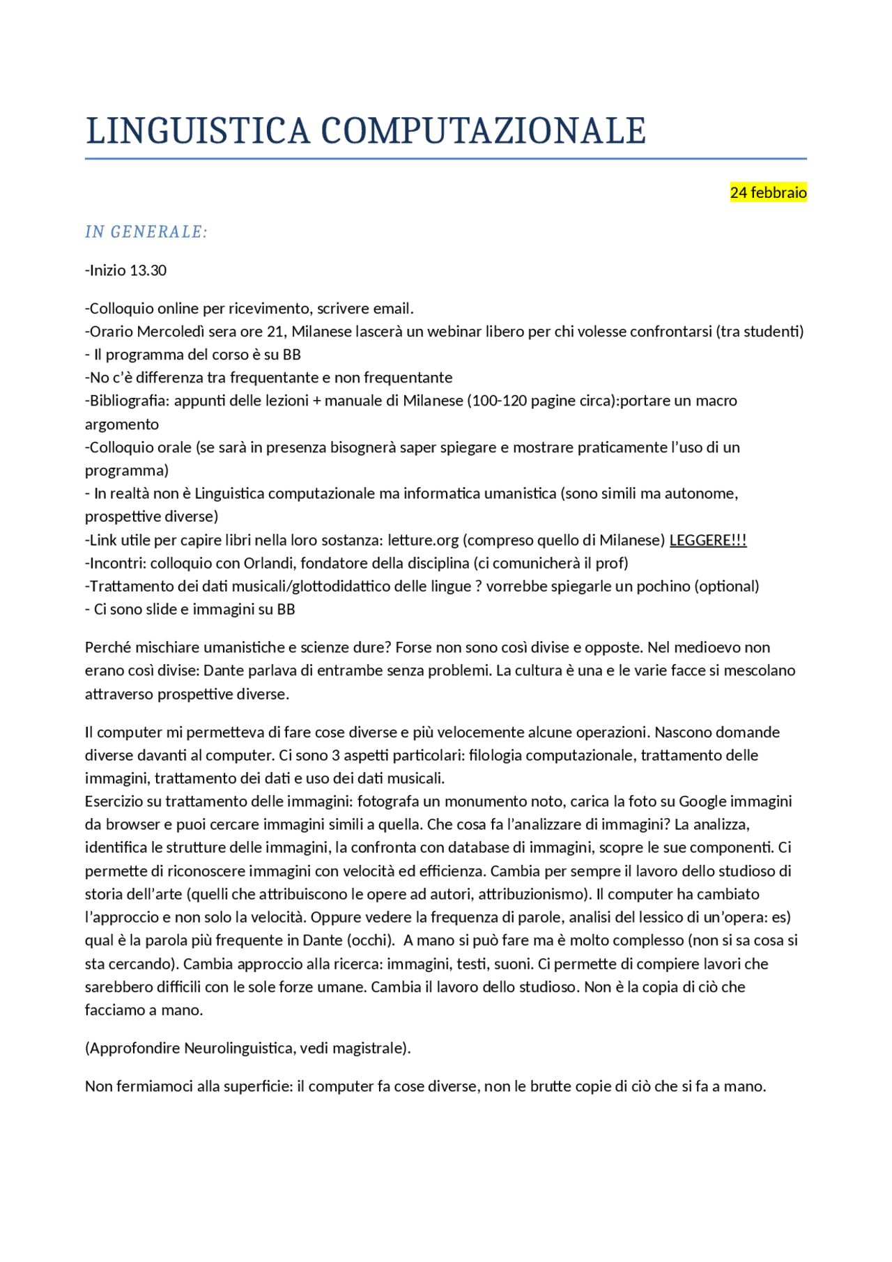 Linguistica Computazionale Intro Docsity