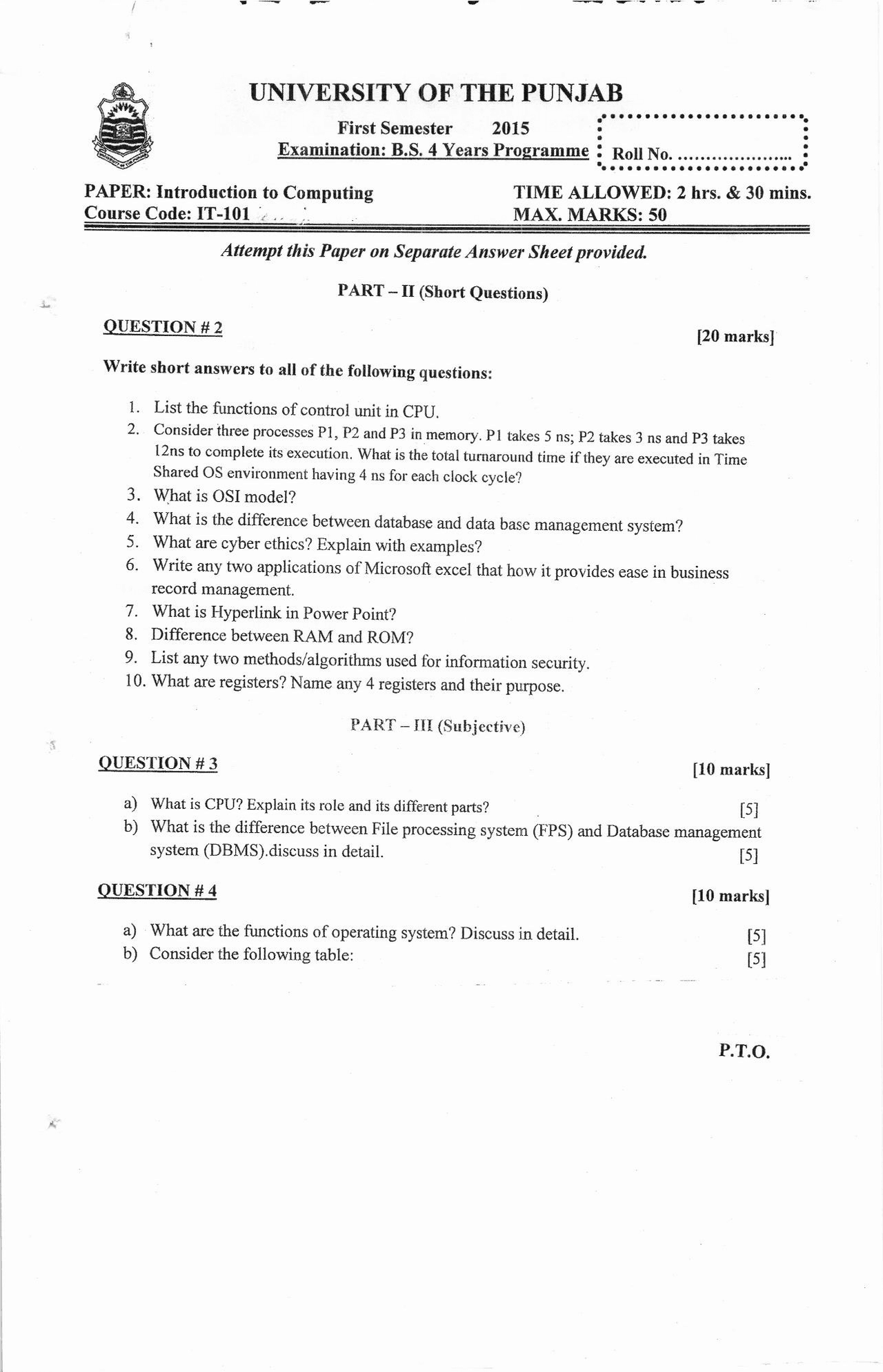 BS-4-Years-Past-Paper-IT.pdf | Papers Information Systems | Docsity