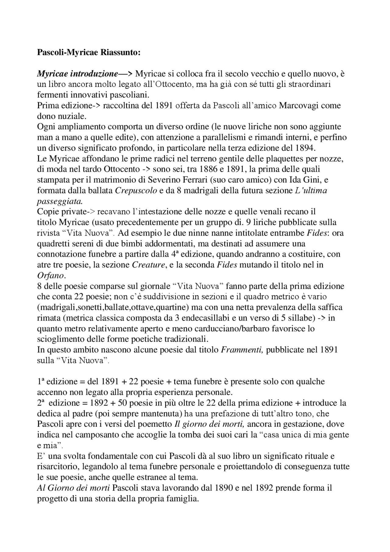 Riassunto Introduzione Di Myricae Docsity