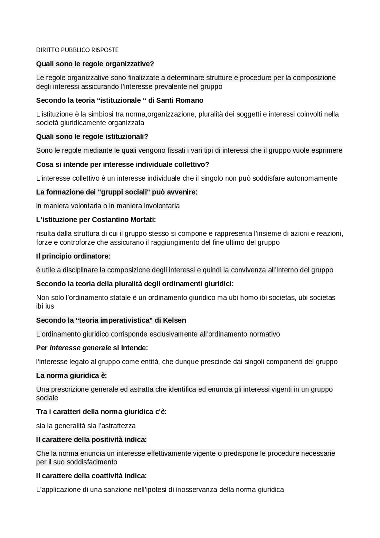 Diritto Pubblico domande esame e risposte | Prove d'esame di Diritto Pubblico | Docsity