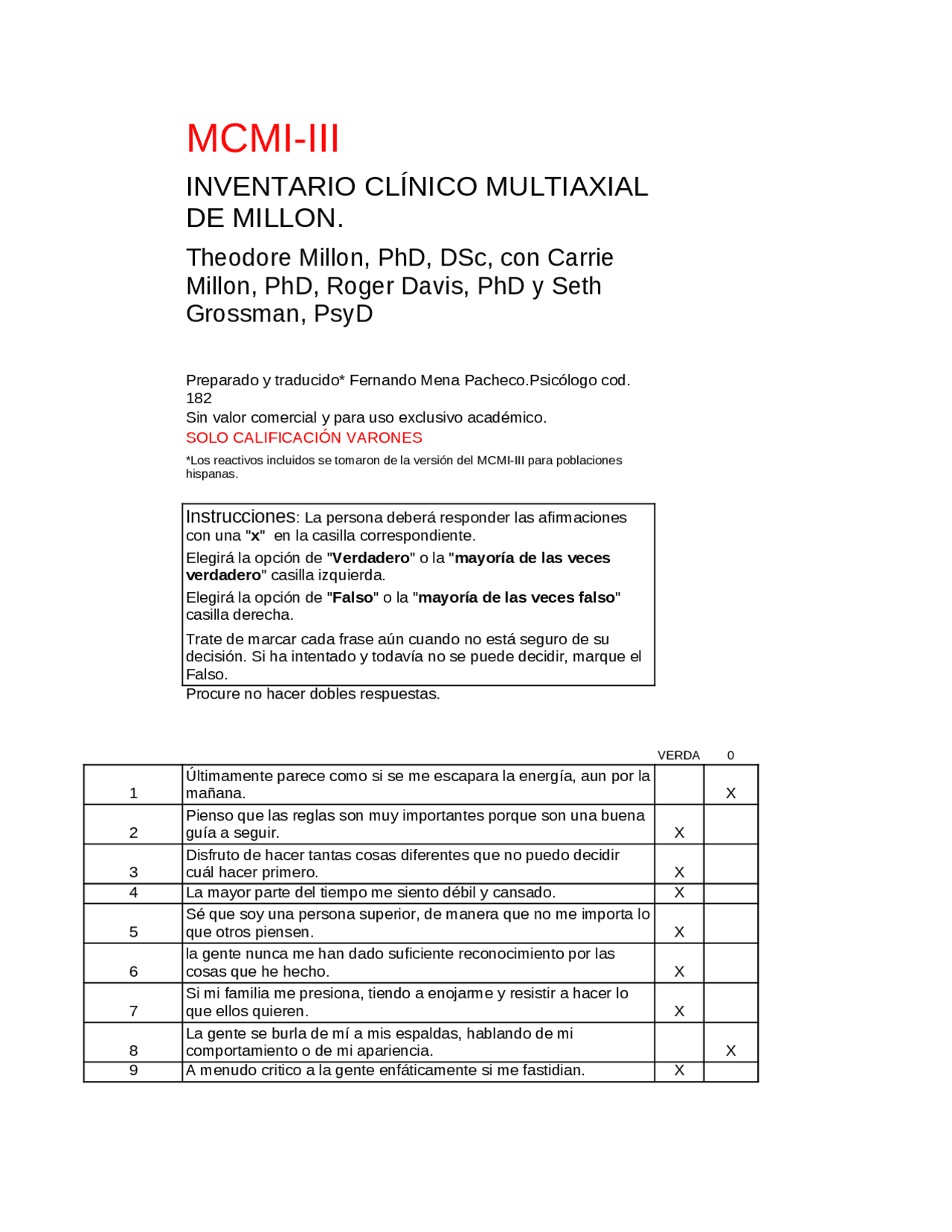 Mcmi iii respuestas varones (hoja excel) - Docsity