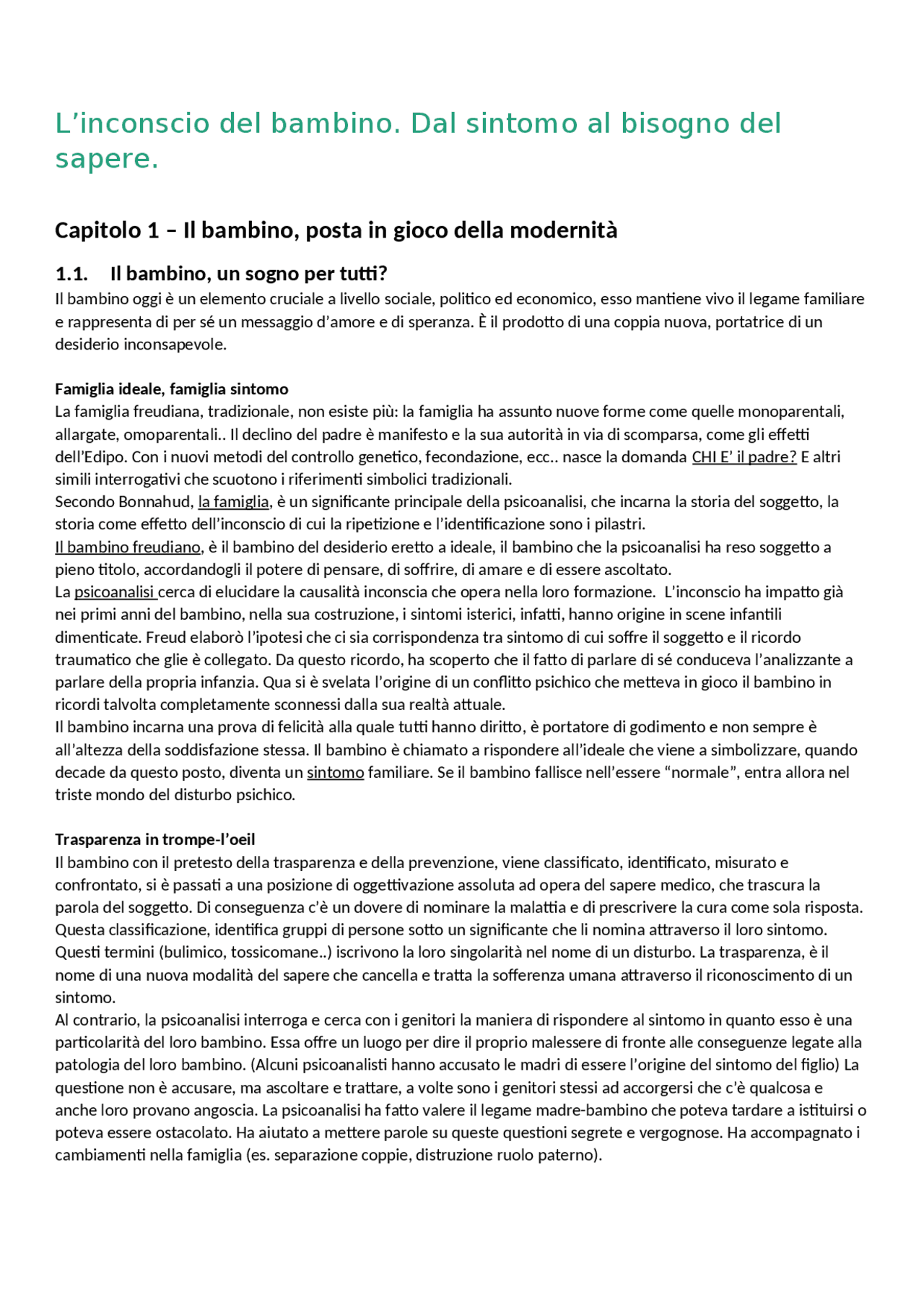 Linconscio Del Bambino Docsity