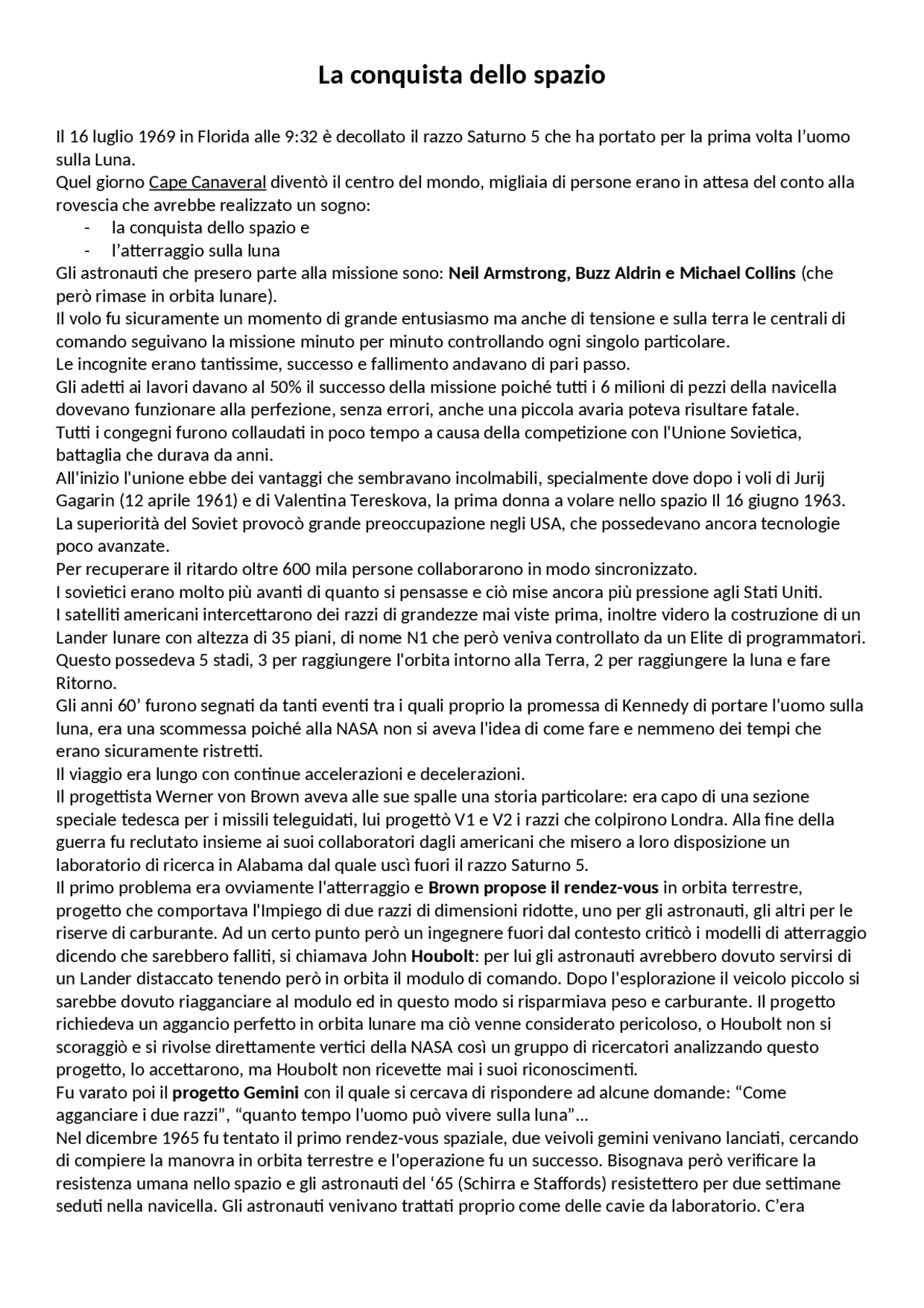Riassunto Sulla Conquista Dello Spazio Docsity