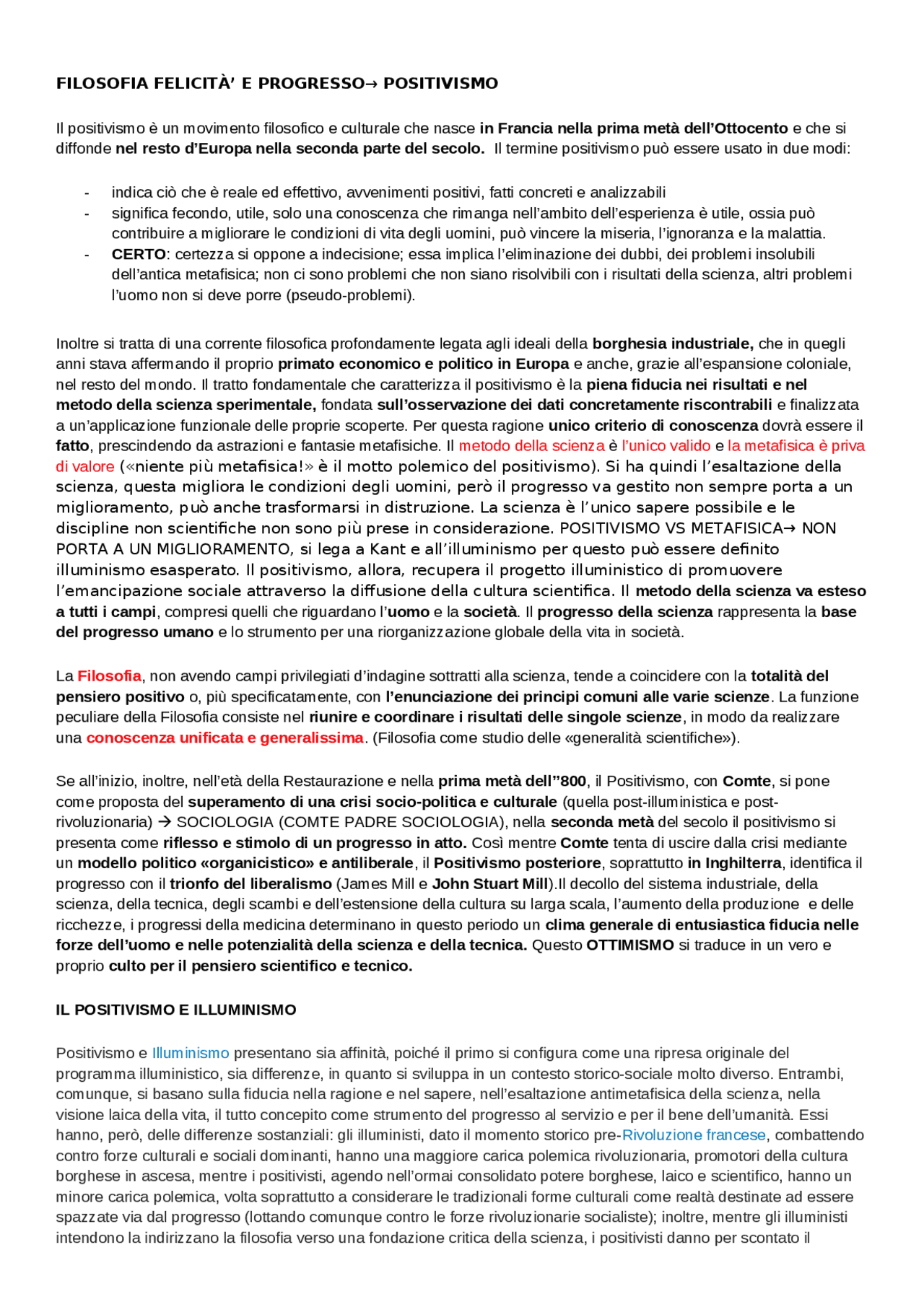 Riassunto Sul Positivismo Positivismo Vs Illuminismo E Comte Docsity