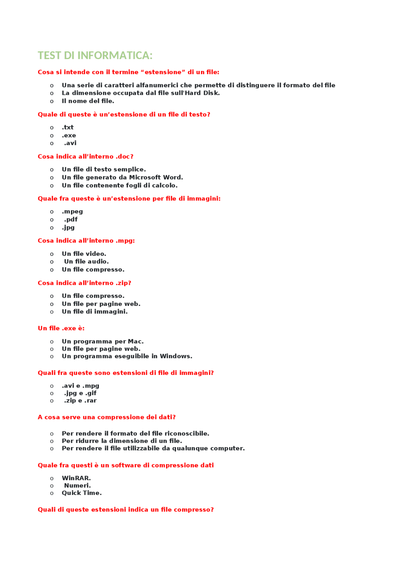 Test di informatica, Accademia di Belle arti di Brera. | Esercizi di ...