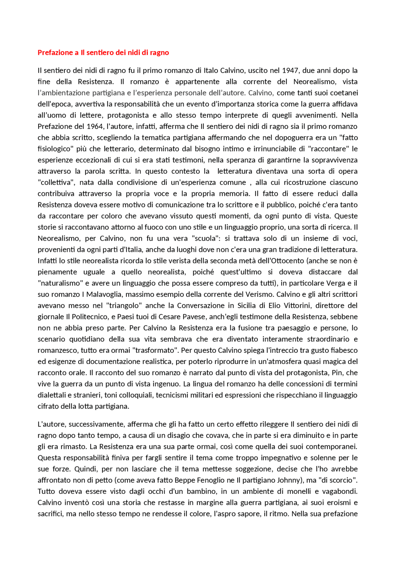 Il Sentiero Dei Nidi Di Ragno Docsity