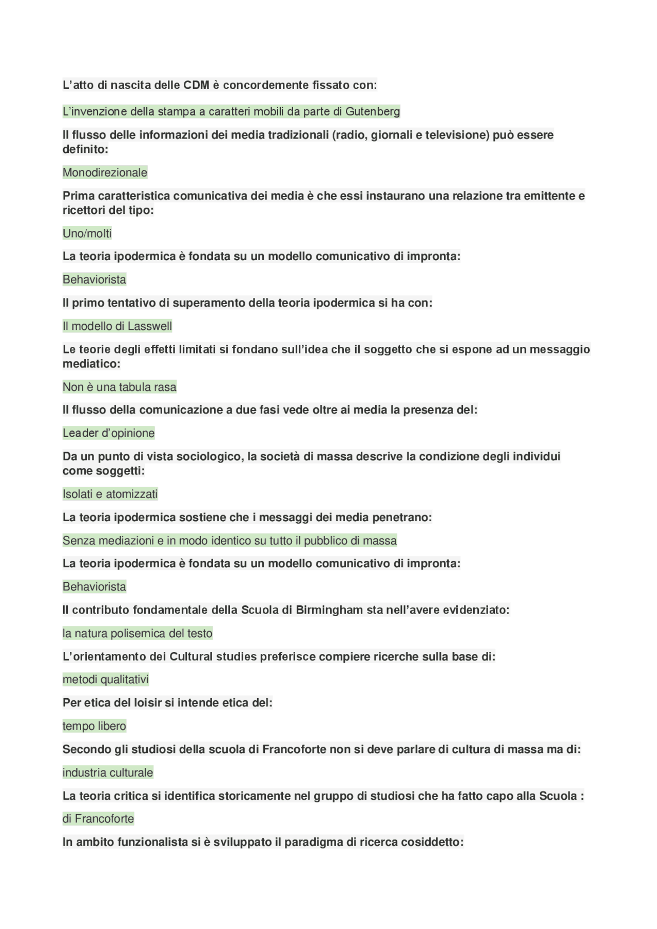 Teorie E Tecniche Delle Comunicazioni Di Massa Docsity