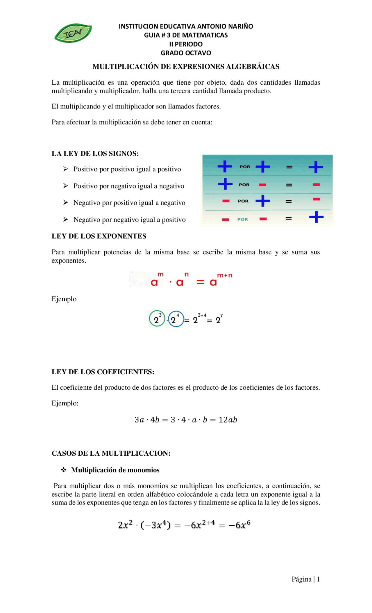 Guia Multiplicación Octavo Grado Ejercicios De Matemáticas Docsity