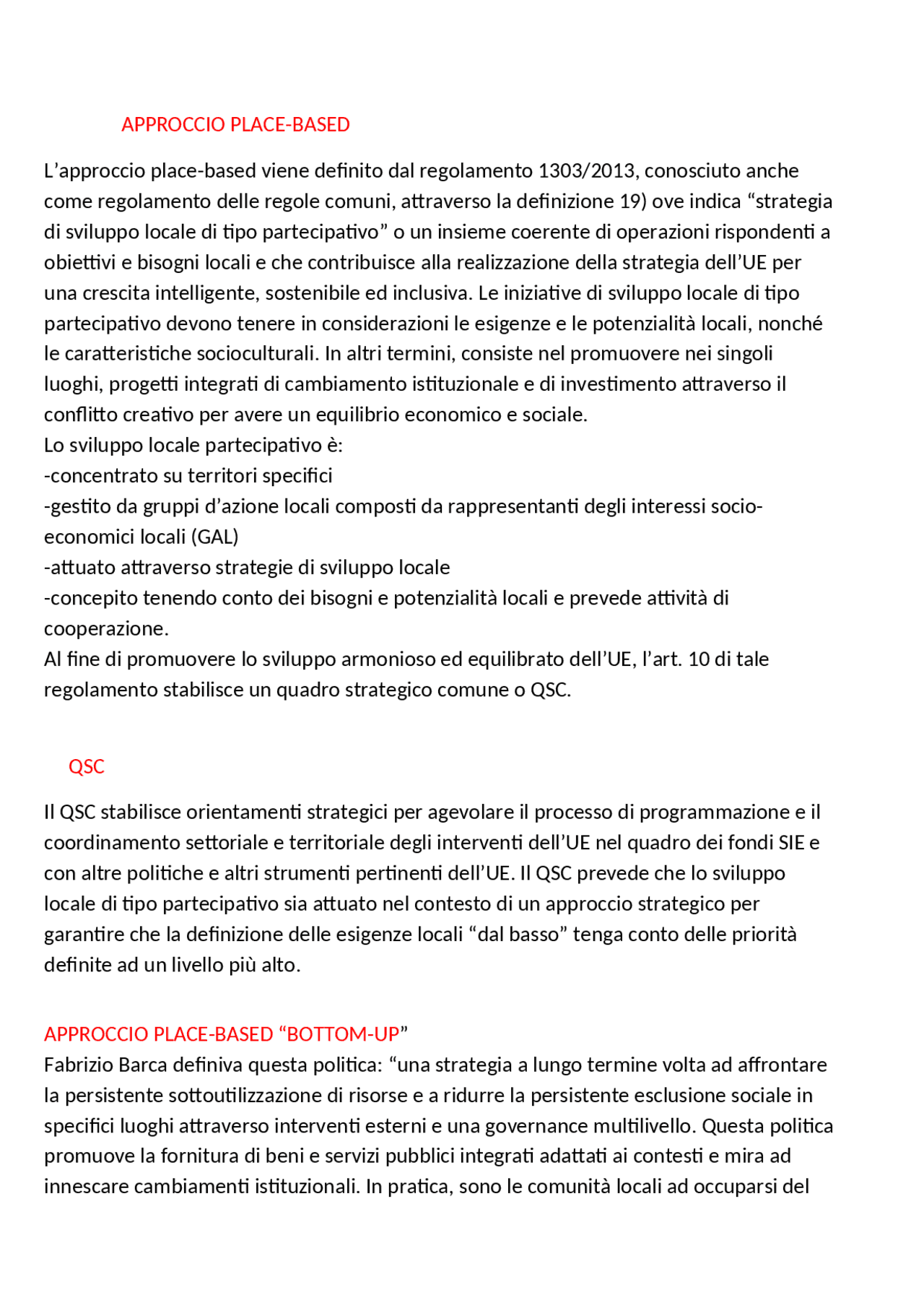 Riassunto Libro Approccio Place Based Docsity