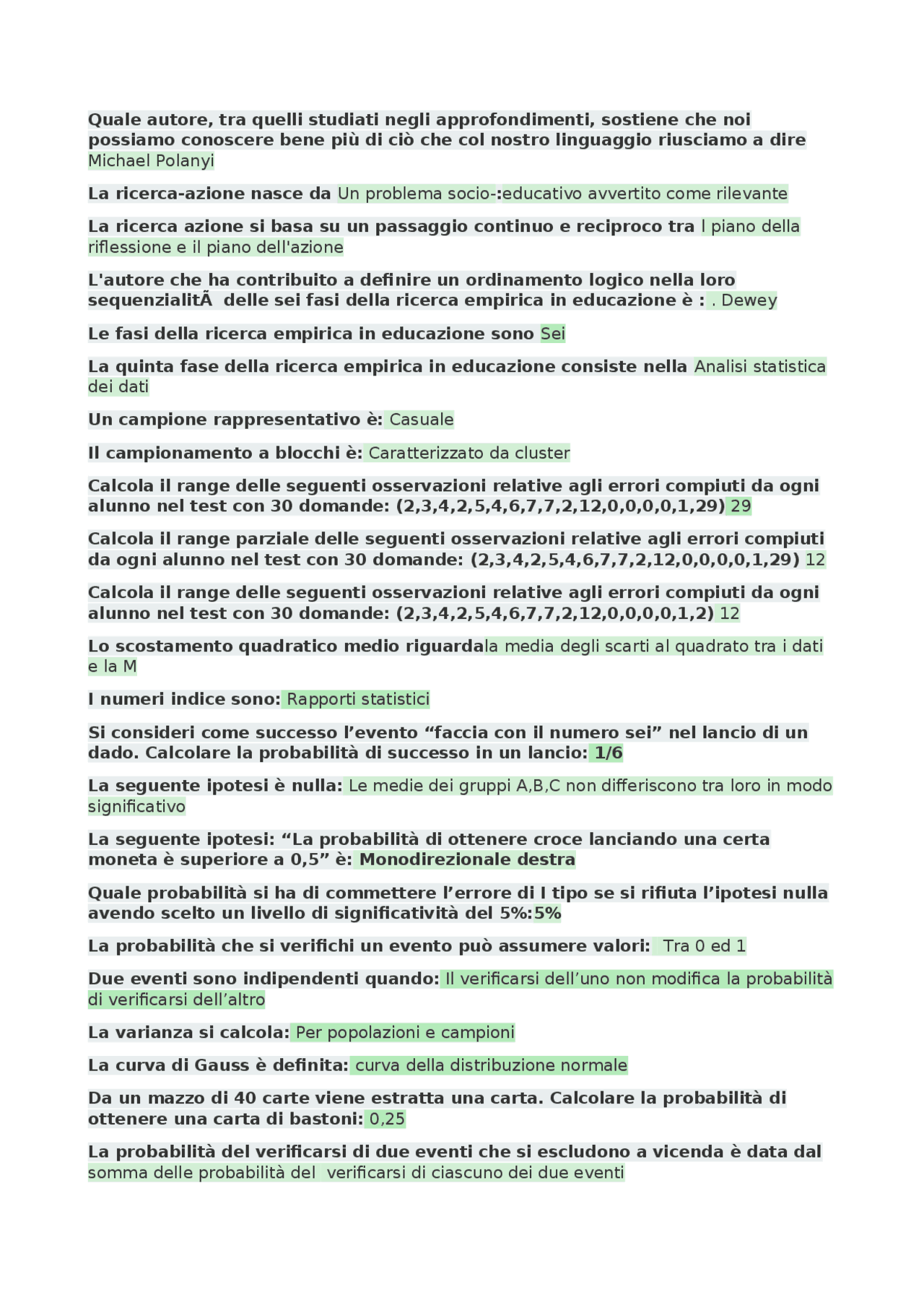Test Pedagogia Sperimentale Docsity