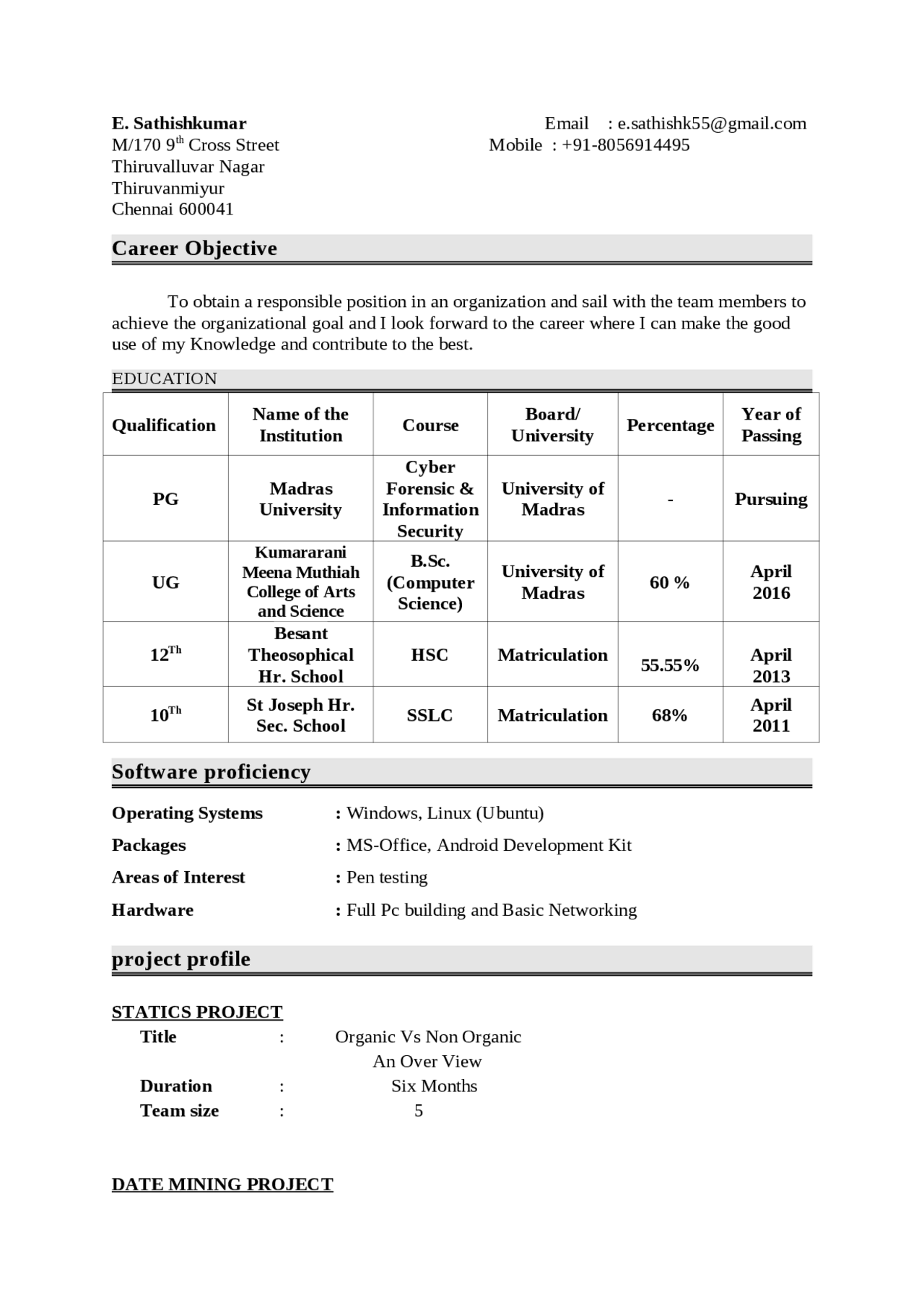 Resume if my self sathish kumar - Docsity