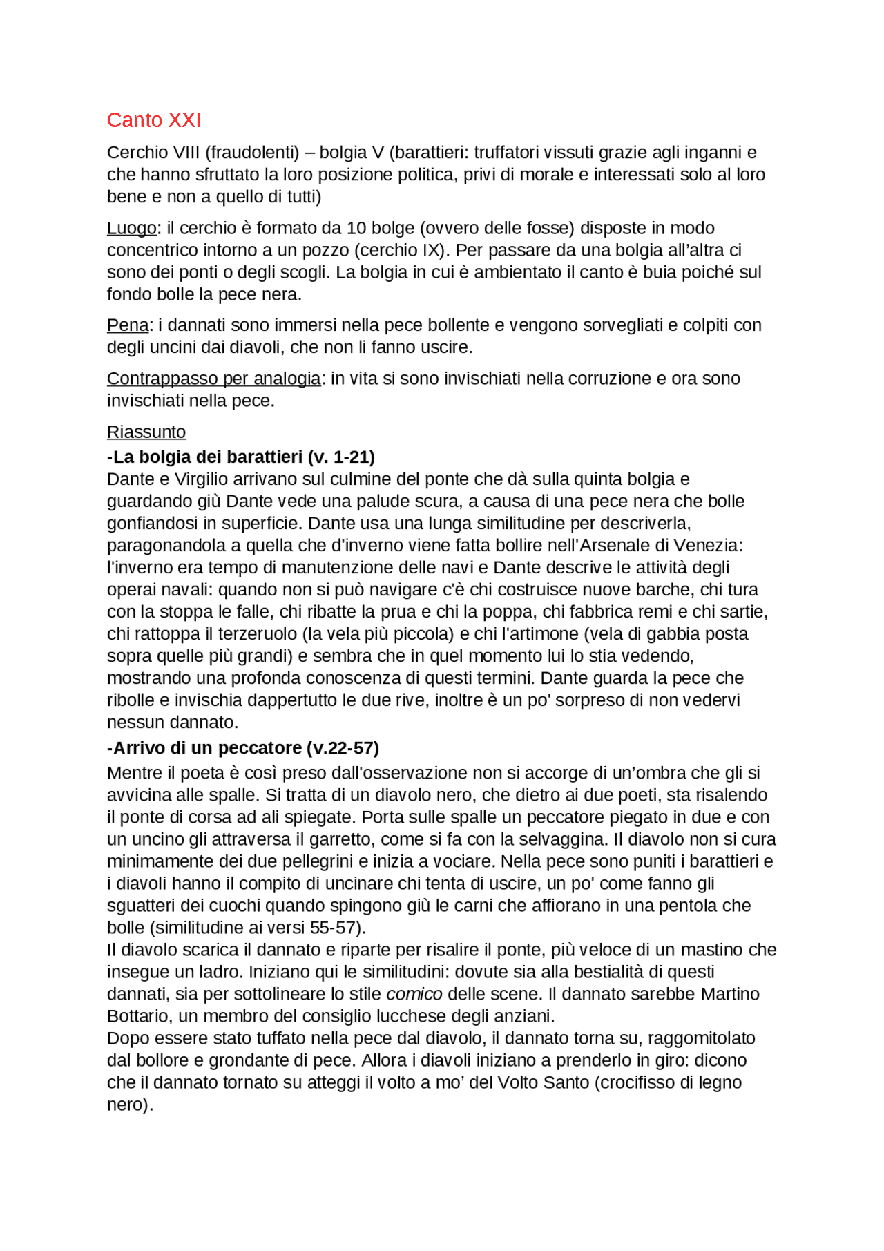 Canto 21 - Inferno di Dante | Sintesi del corso di Italiano | Docsity