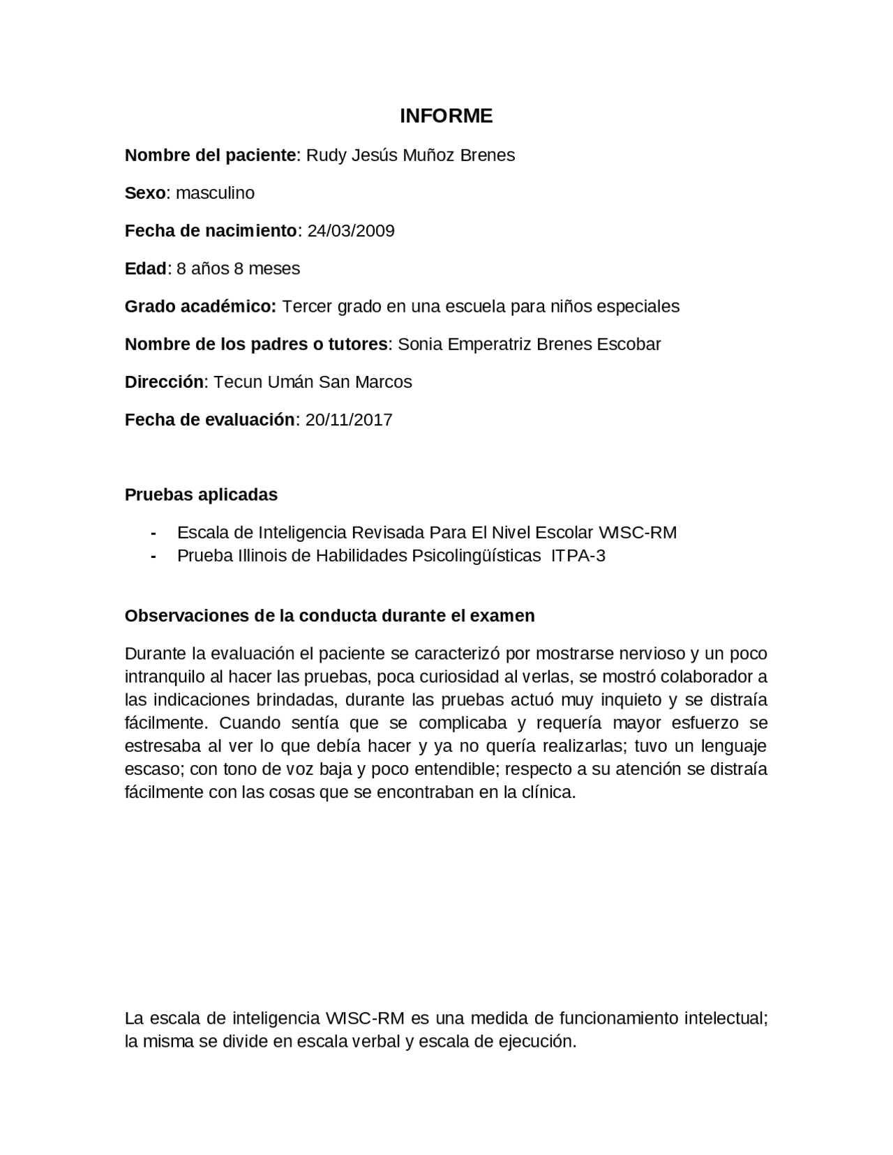 Informe PsicolÓgico Prueba Wisc Apuntes De Psicometría Docsity