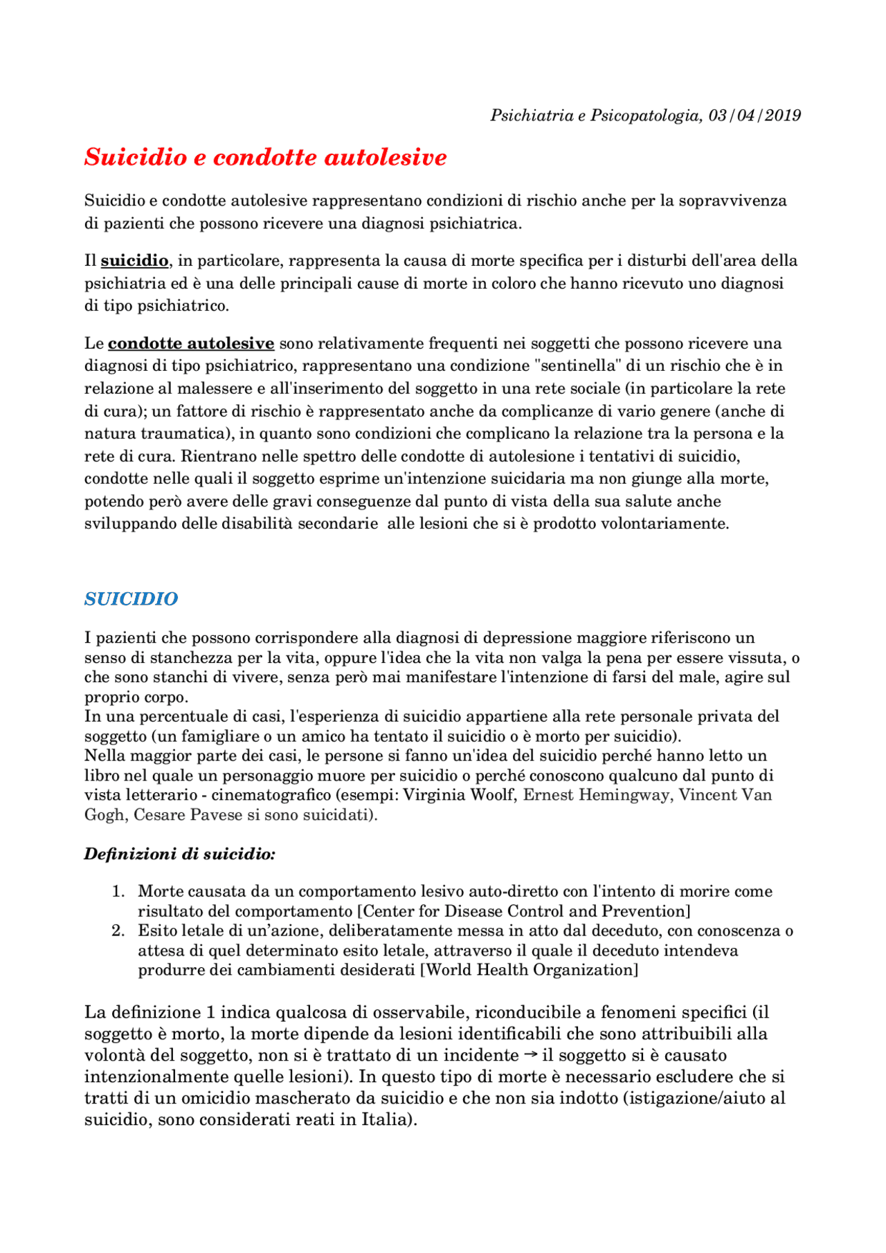 Psichiatria Suicidio E Condotte Autolesive Docsity