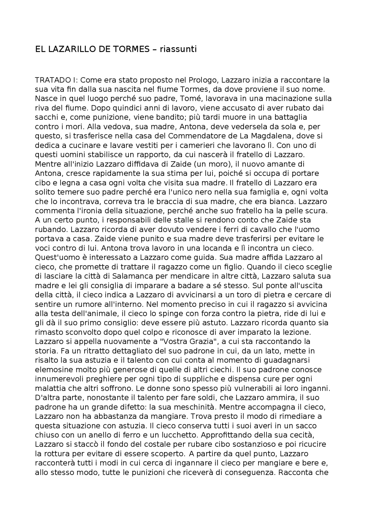 Riassunto de los tratados del Lazarillo de Tormes - Docsity