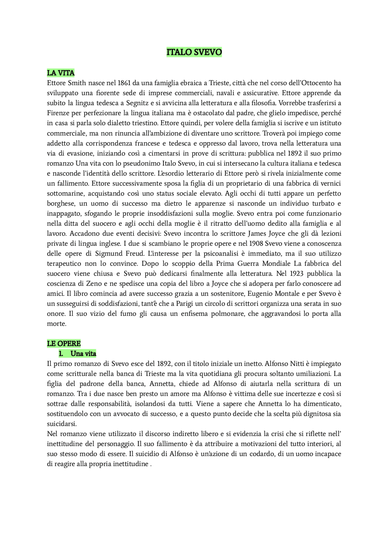 Italo Svevo: vita, opere, pensiero, poetica - Docsity