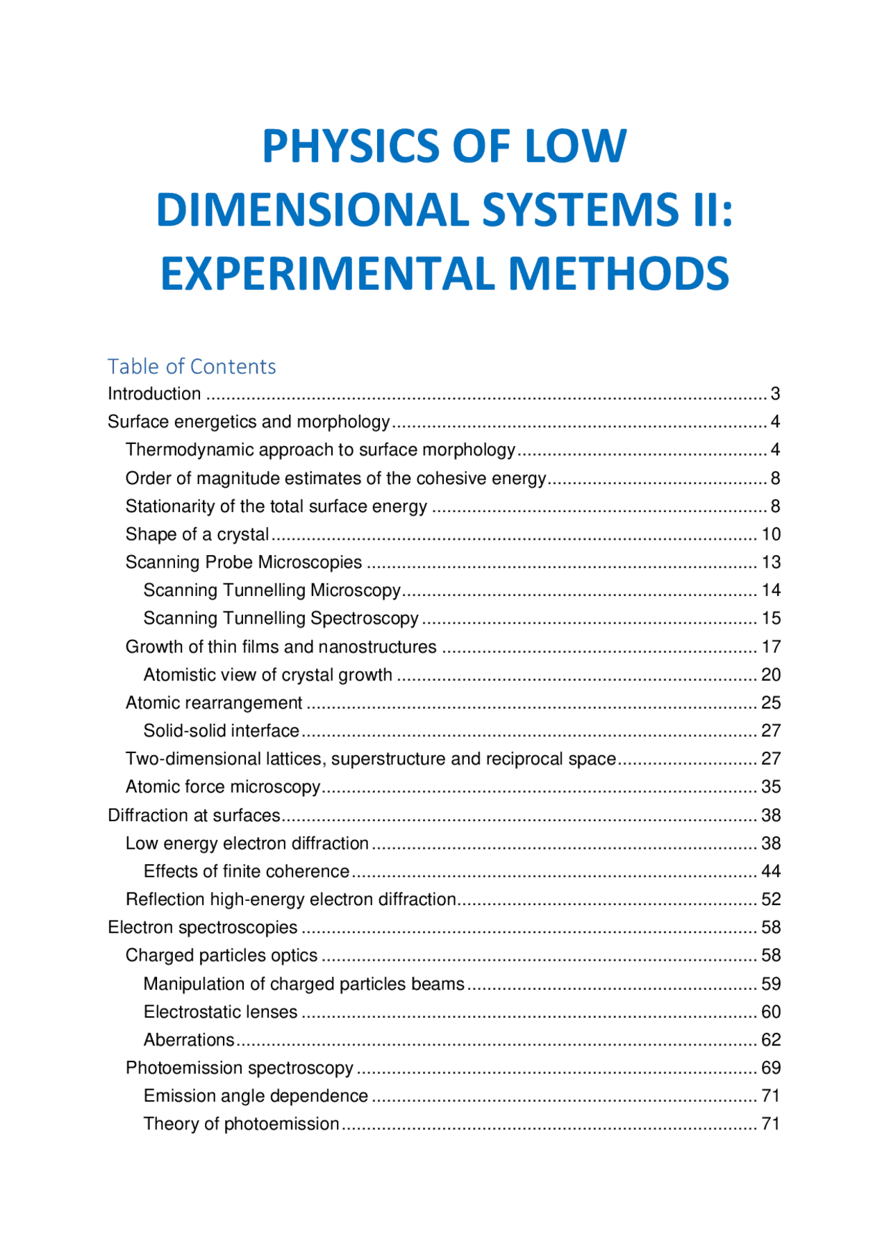 Physics of Low Dimensional Systems II: Experimental Methods - Docsity