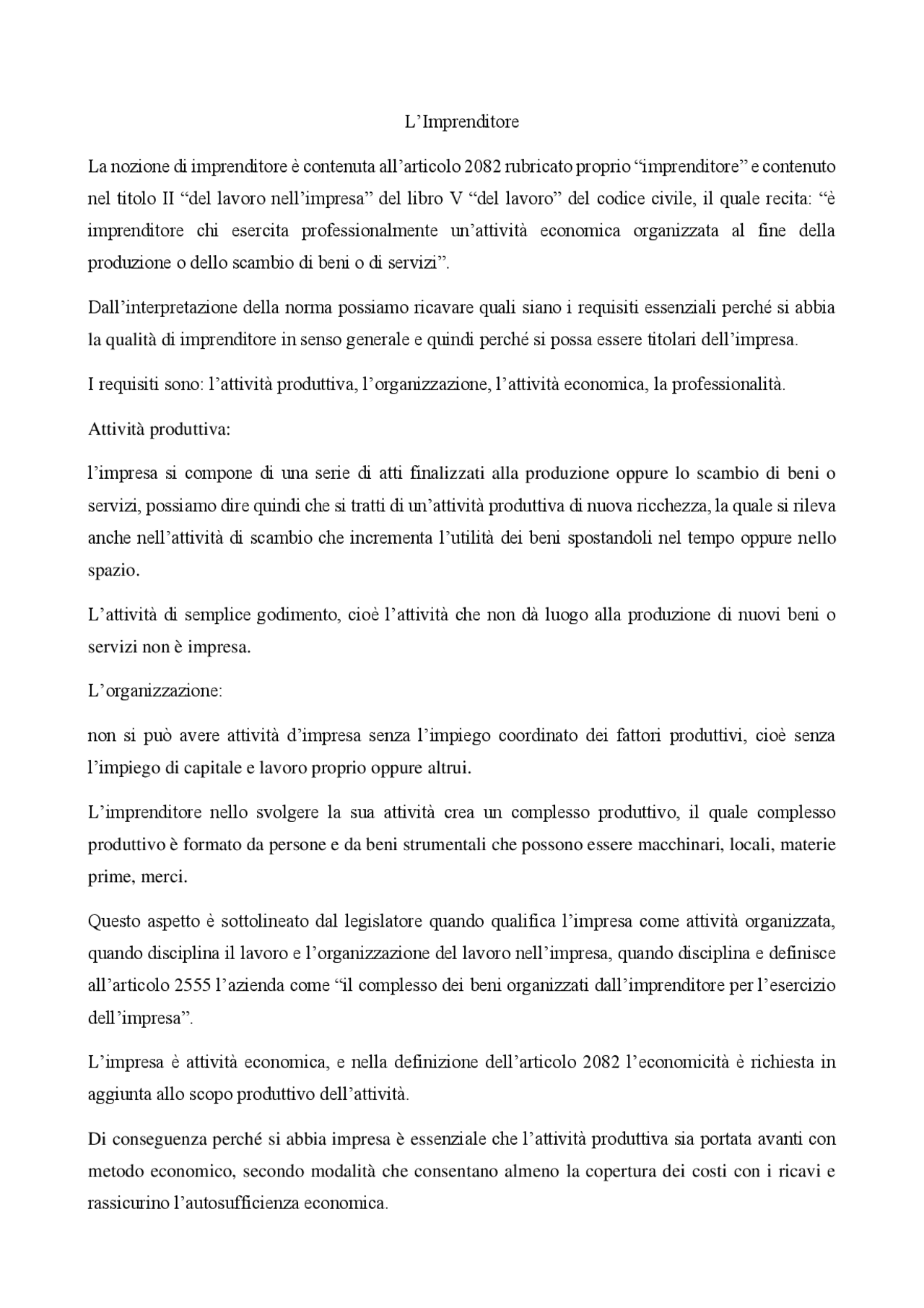 La nozione di imprenditore - Docsity